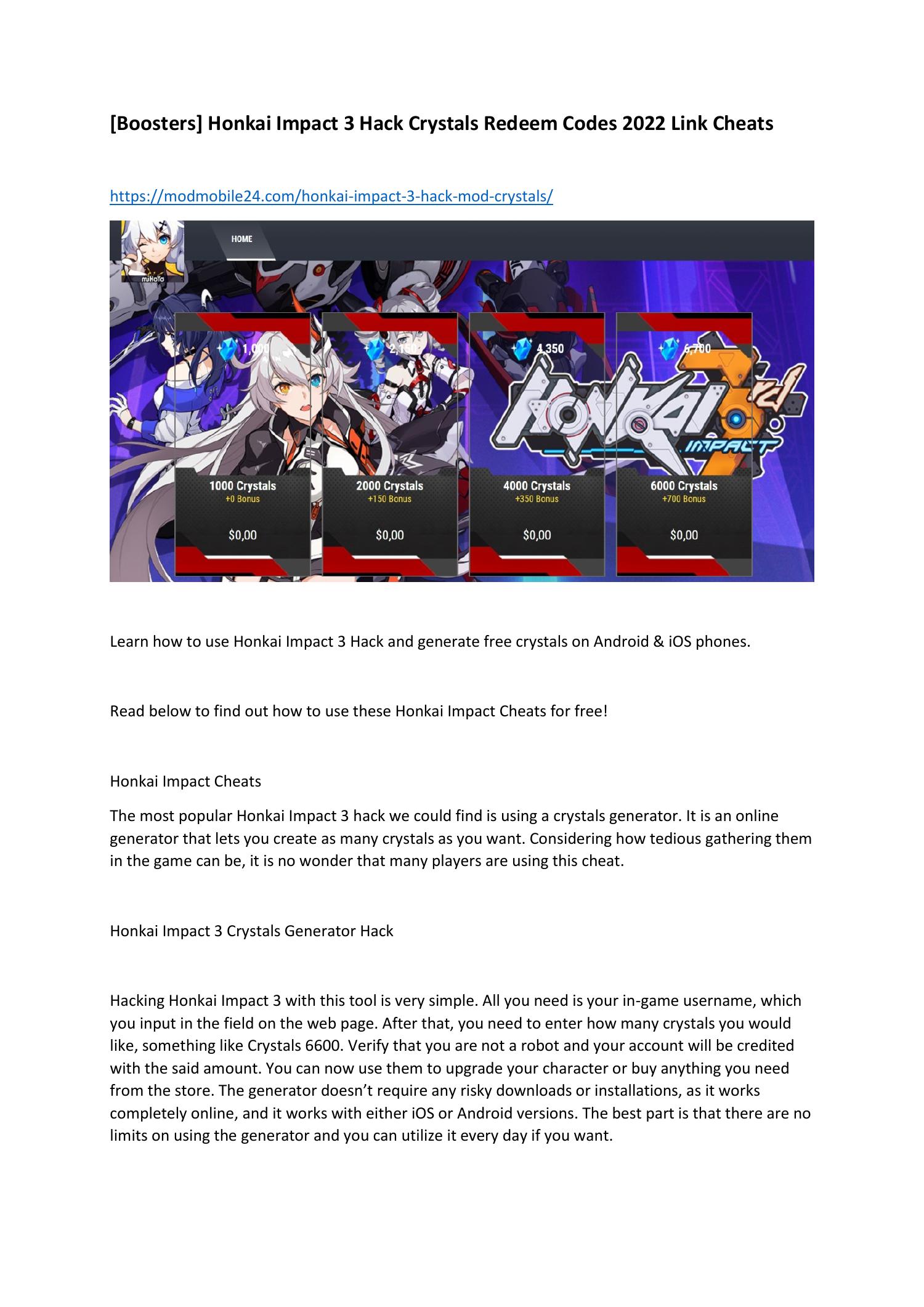[Boosters] Honkai Impact 3 Hack Crystals Redeem Codes 2022 Link Cheats ...