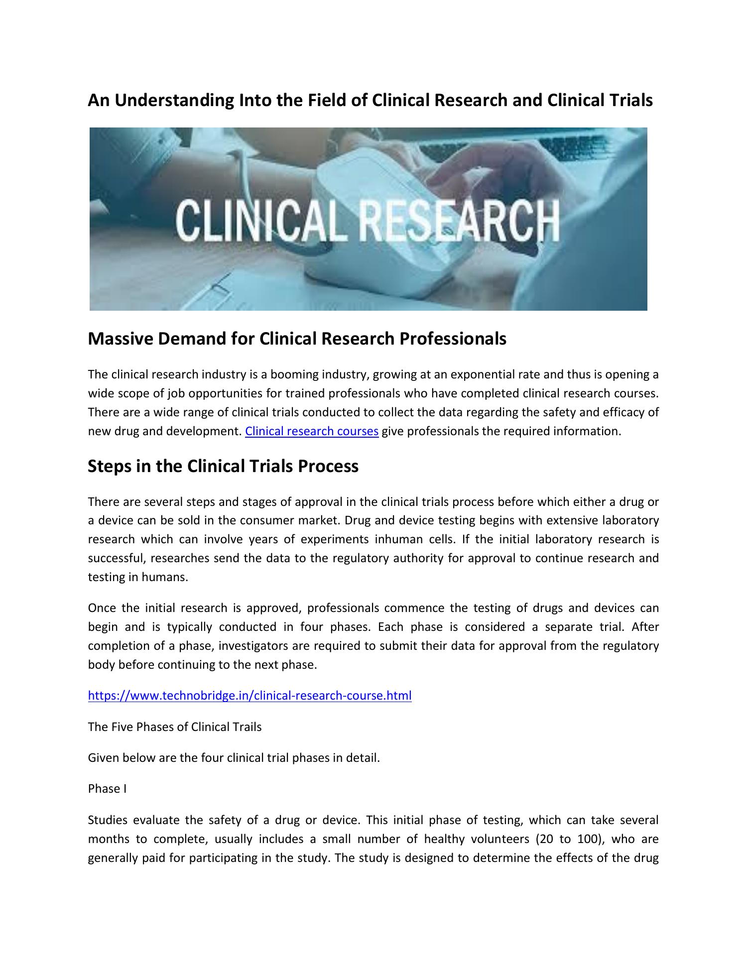 An insight into the field of clinical research and clinical trials ...