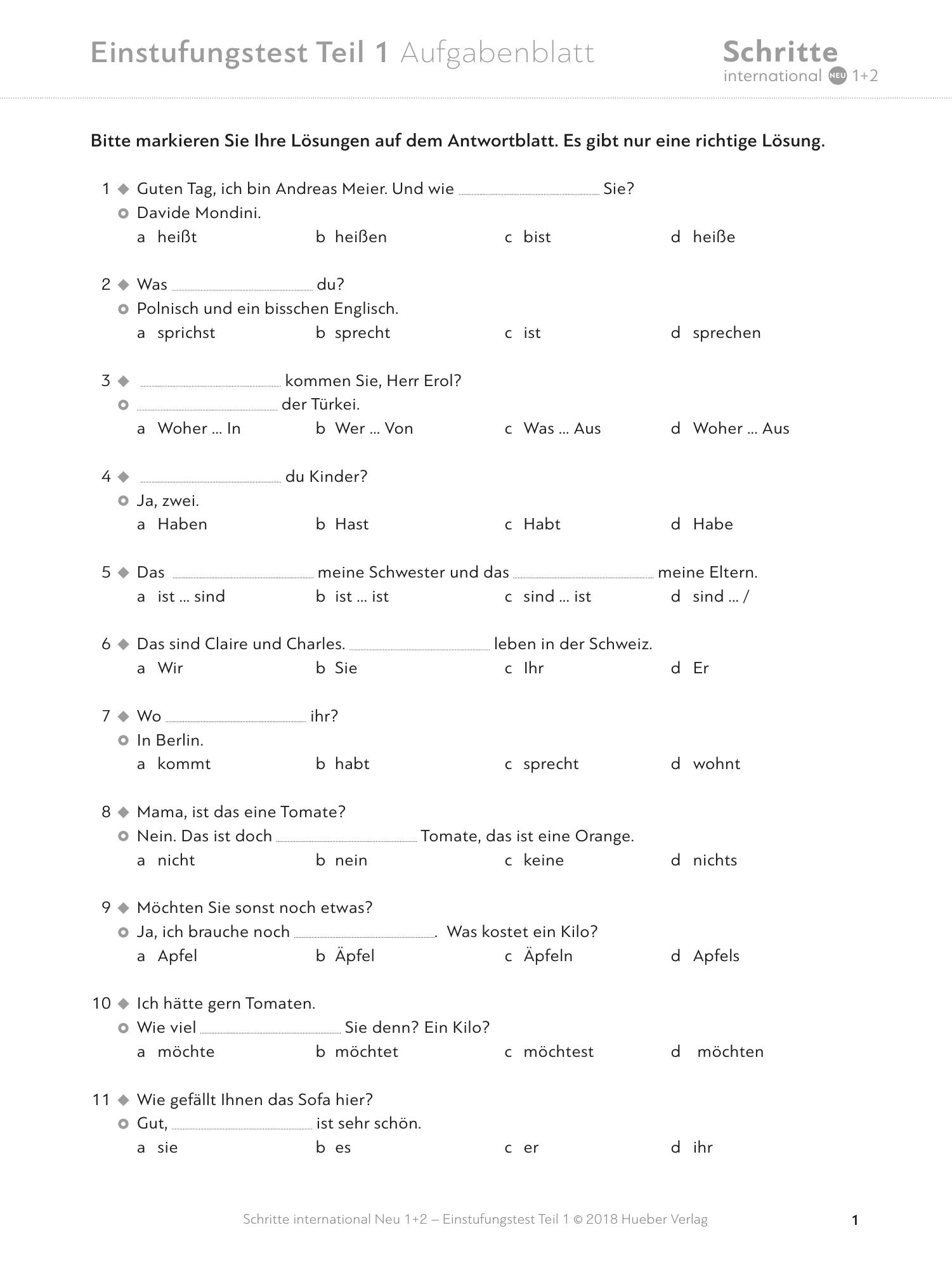 Menschen Einstufungstest Teil 1