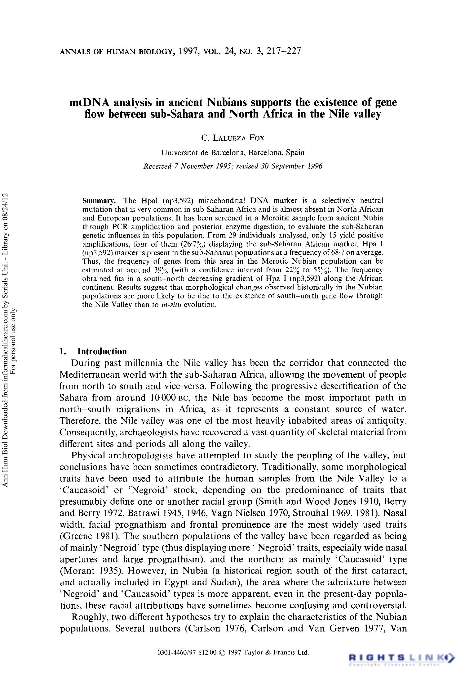 mtDNA analysis in ancient Nubians supports the existence of gene flow ...