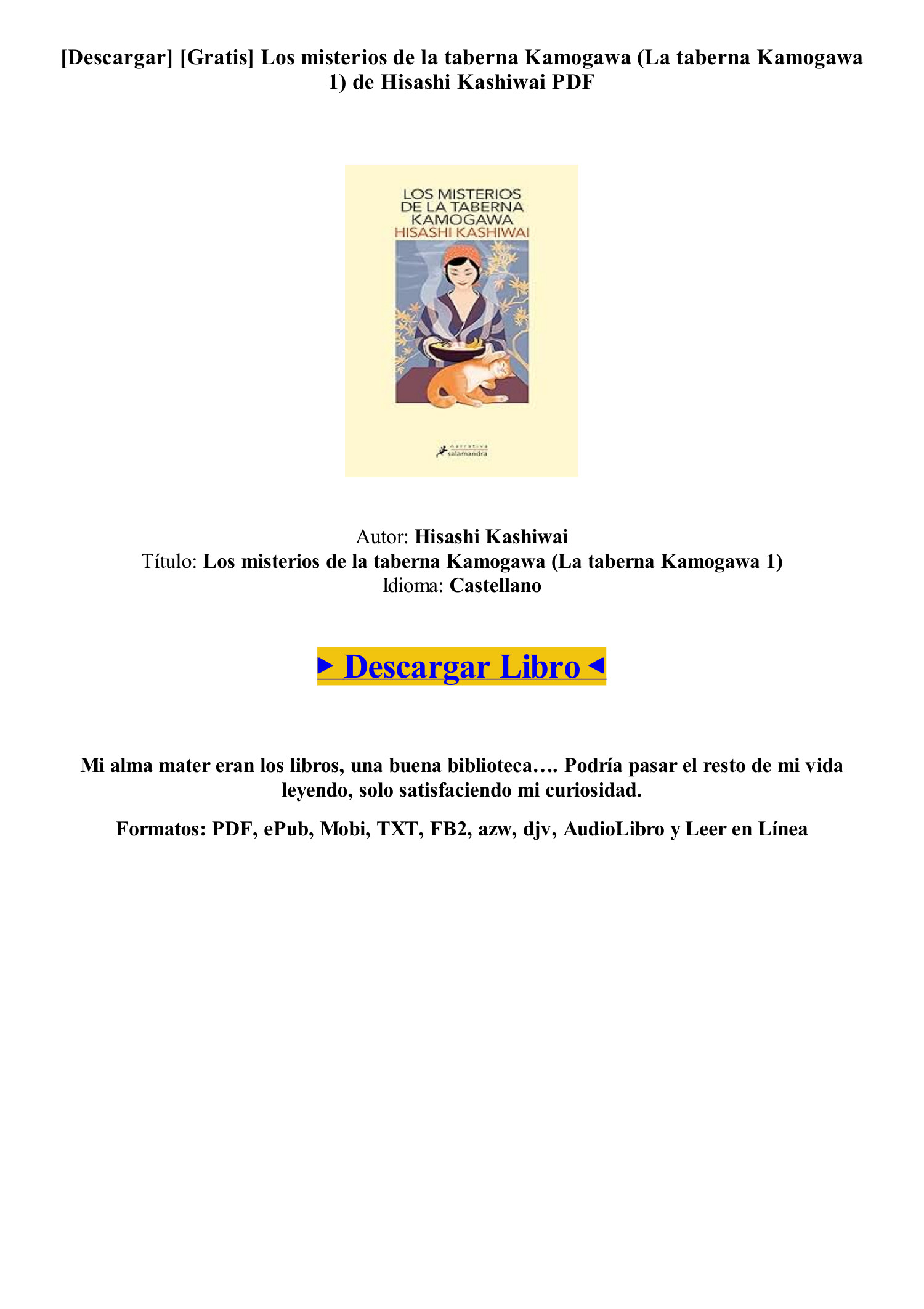 [Gratis] [Descargar] Los misterios de la taberna Kamogawa (La taberna Kamogawa 1) de Hisashi ...