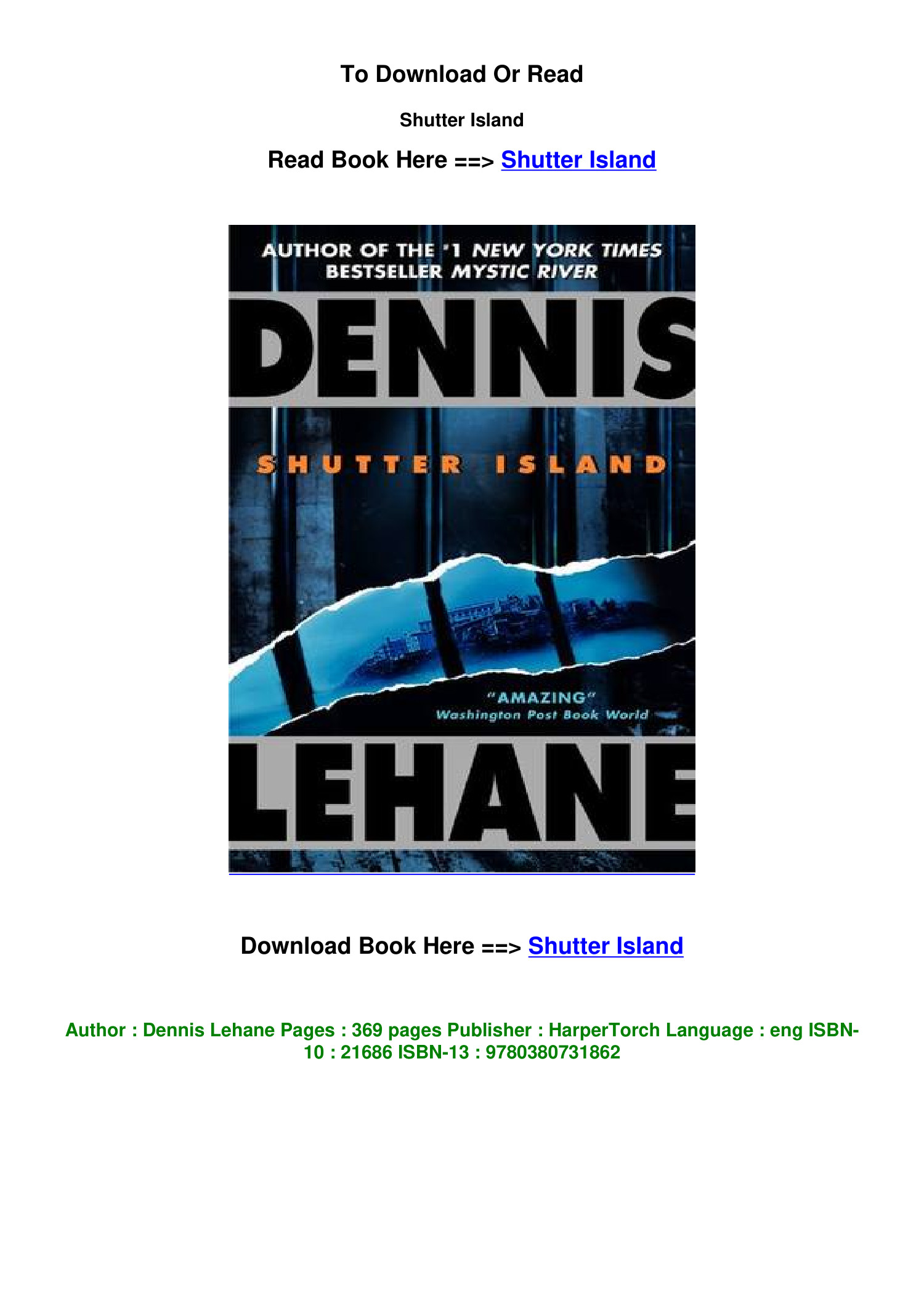 DOWNLOAD PDF Shutter Island by Dennis Lehane.pdf | DocDroid