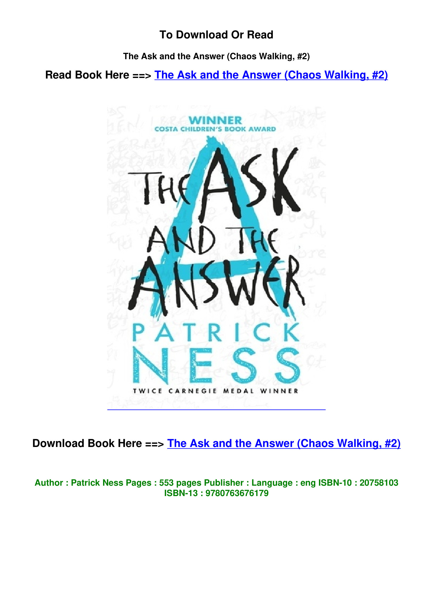 Pdf DOWNLOAD The Ask and the Answer Chaos Walking 2 by Patrick Ness.pdf | DocDroid