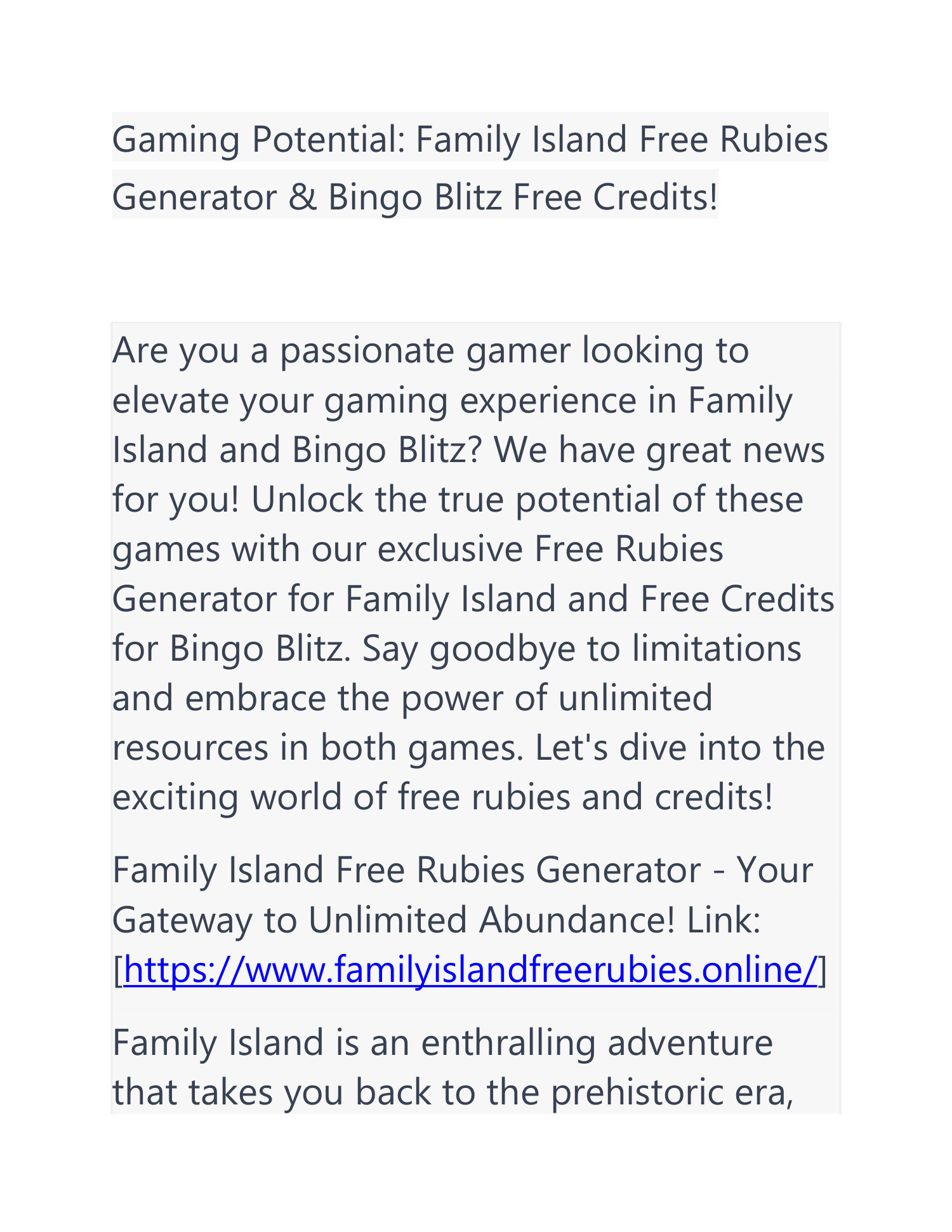 Gaming Potential Family Island Free Rubies Generator & Bingo Blitz Free Credits.pdf | DocDroid