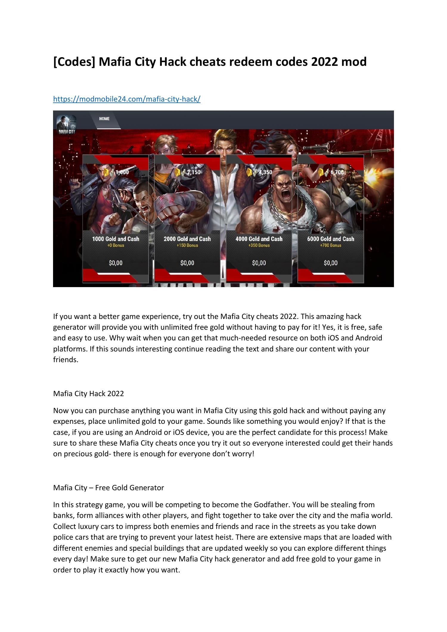 [Codes] Mafia City Hack cheats redeem codes 2022 mod.pdf | DocDroid