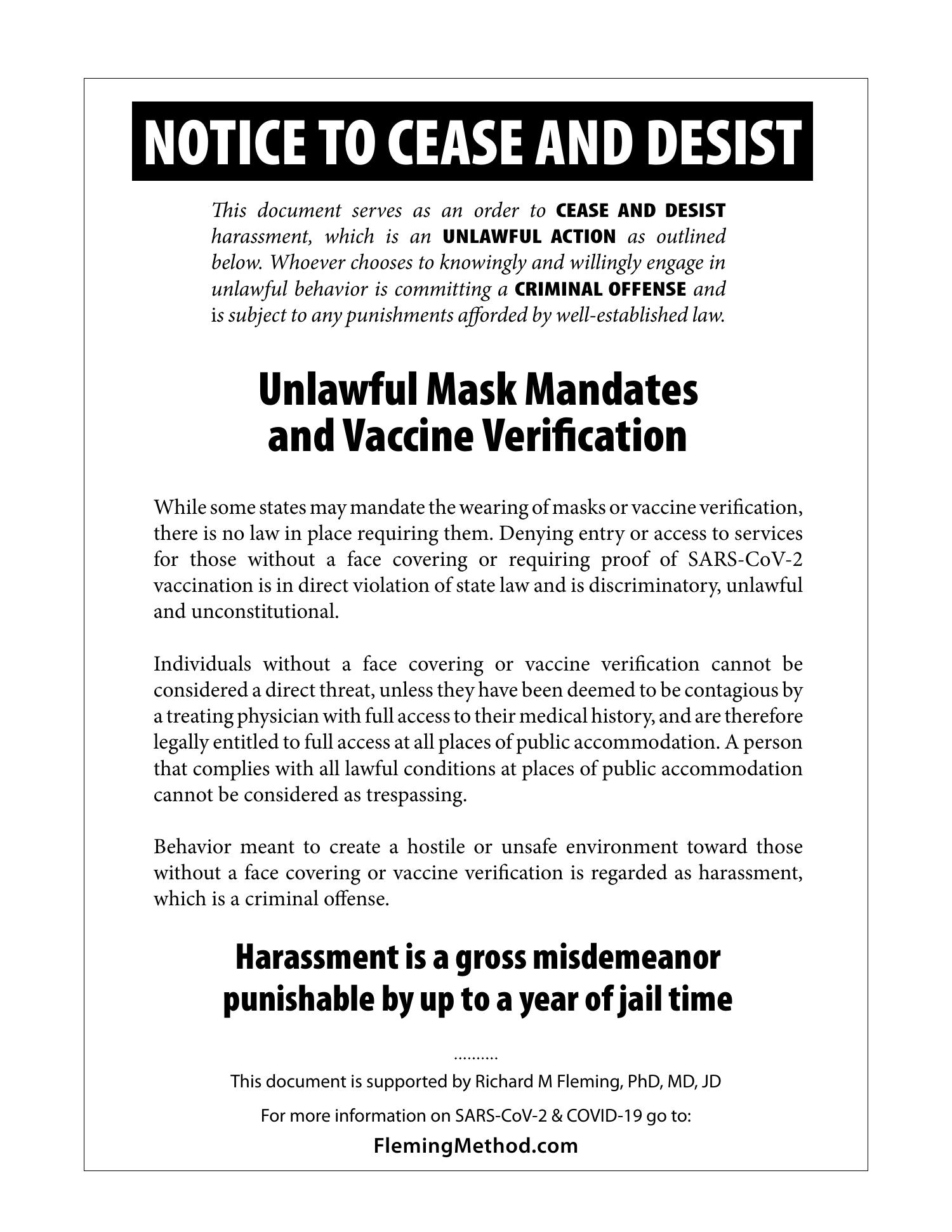 Unlawful Mask Mandates & Vaccine Verification (Notice to Cease and ...