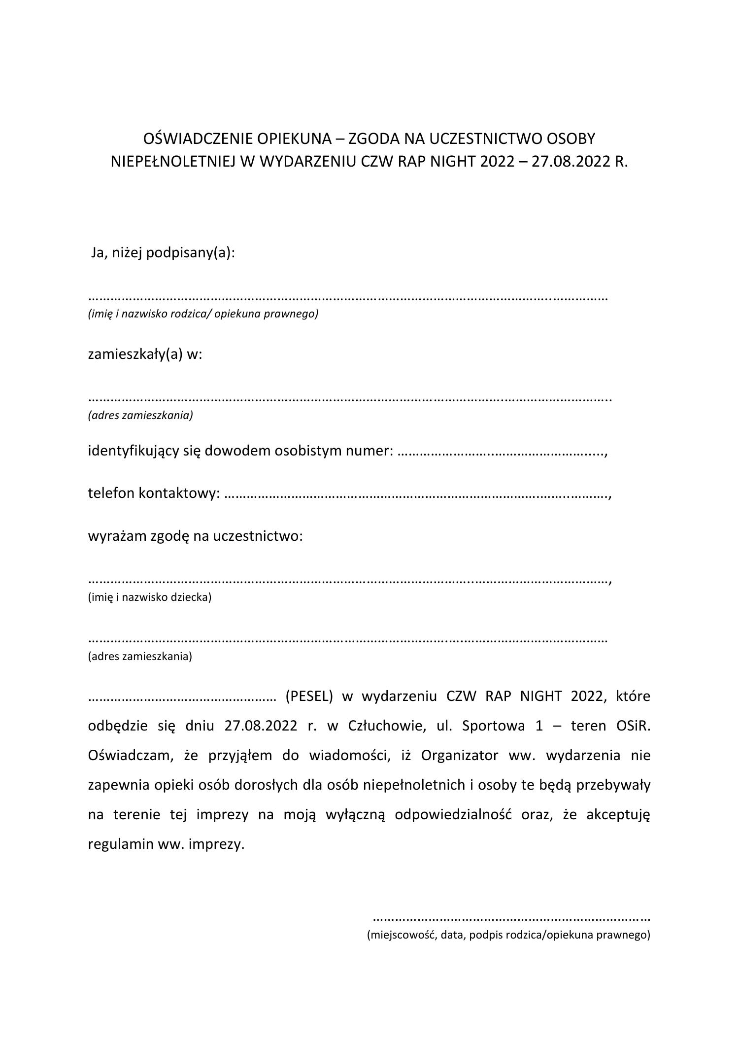 CZW RAP NIGHT 2022 - Oświadczenie - zgoda na uczestnictwo osób poniżej ...
