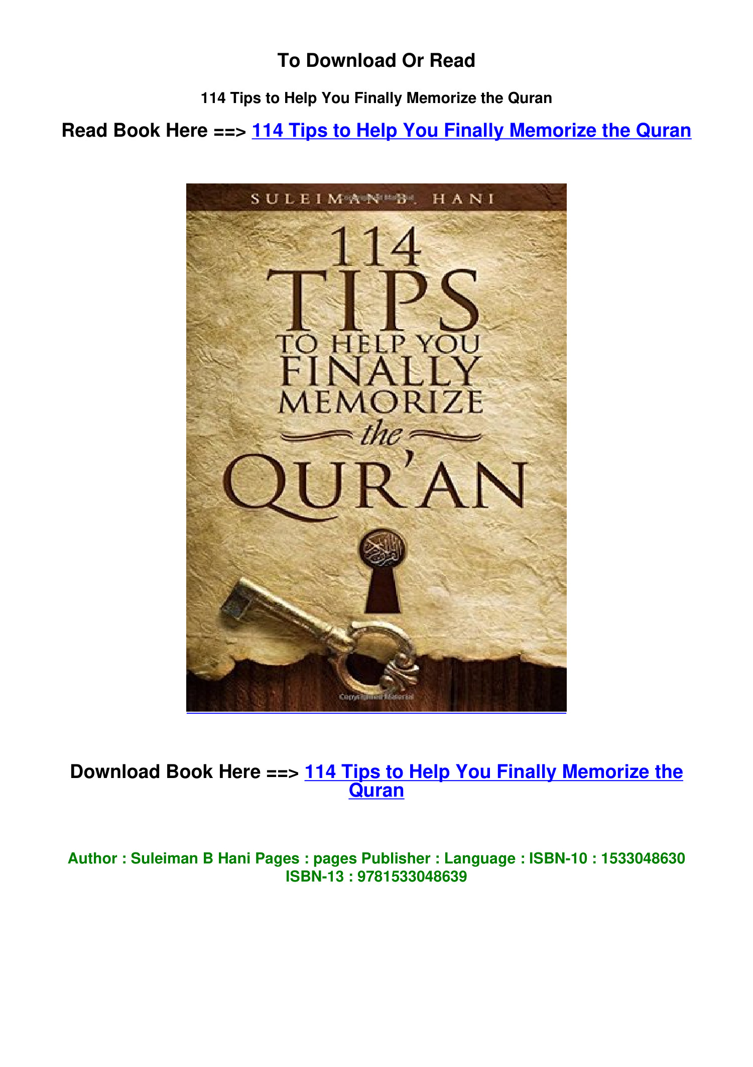 Download EPUB 114 Tips to Help You Finally Memorize the Quran BY Suleiman B Hani.pdf | DocDroid