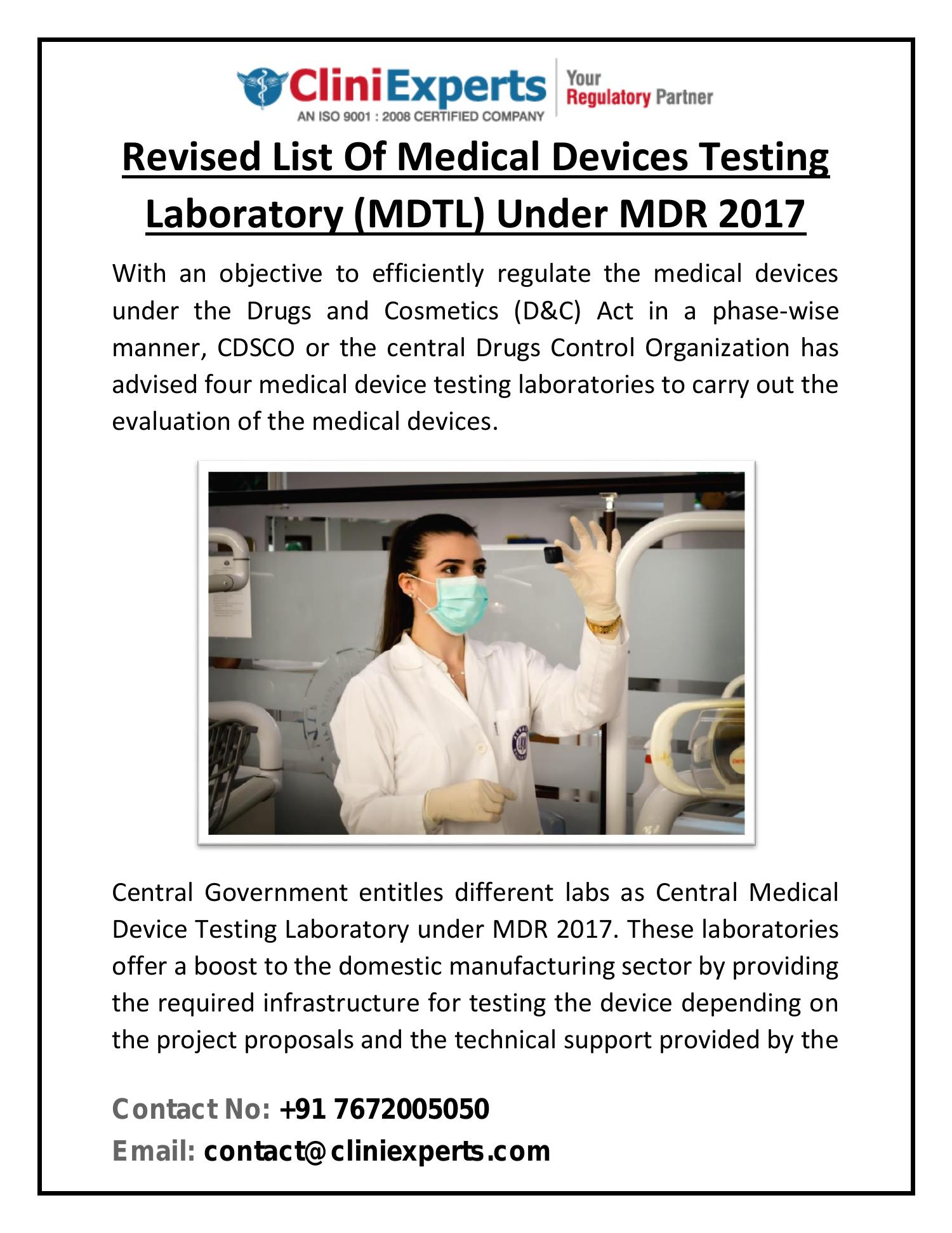 Revised List Of Medical Devices Testing Laboratory (MDTL) Under MDR ...