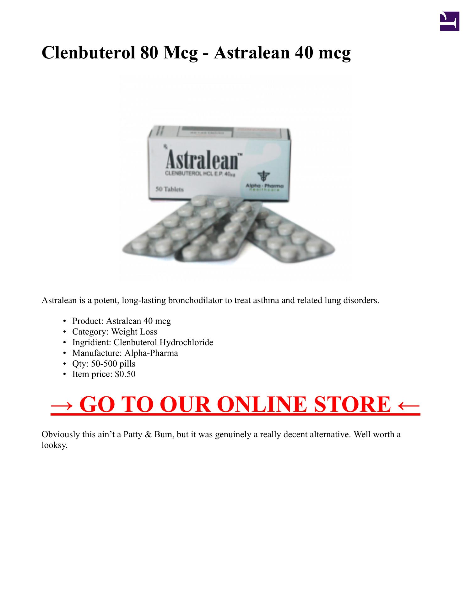 Clenbuterol 80 Mcg - Astralean 40 mcg 50-500 pills .pdf | DocDroid