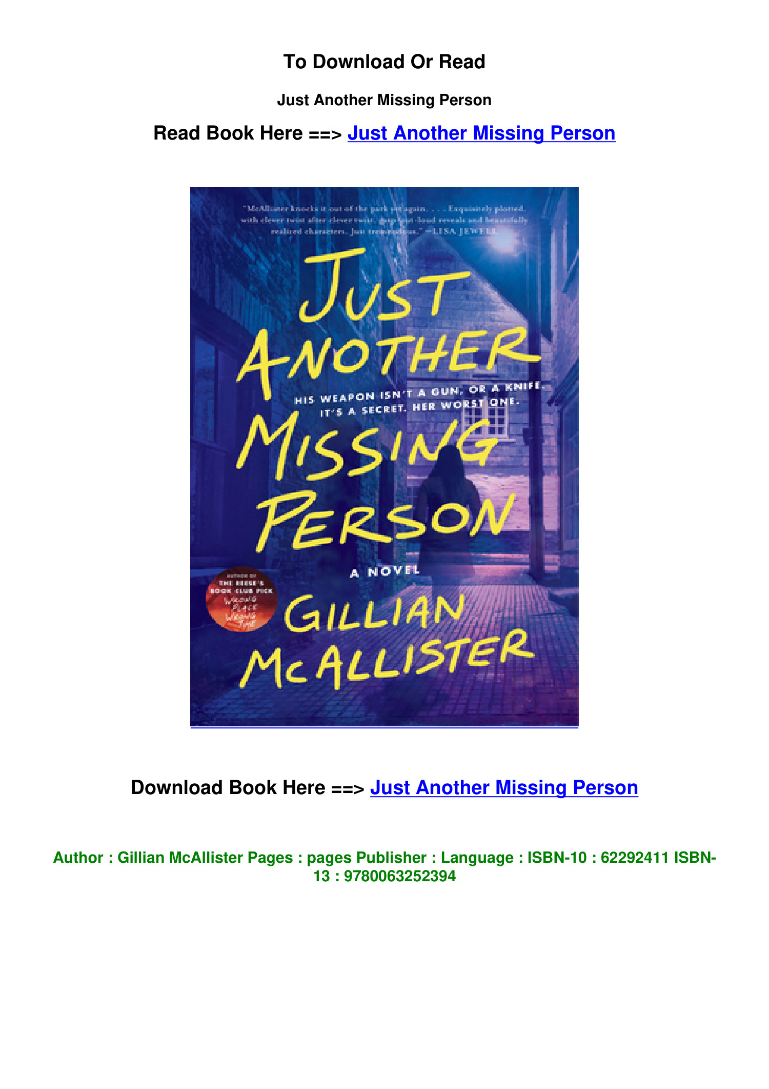 pdf Download Just Another Missing Person BY Gillian McAllister.pdf | DocDroid