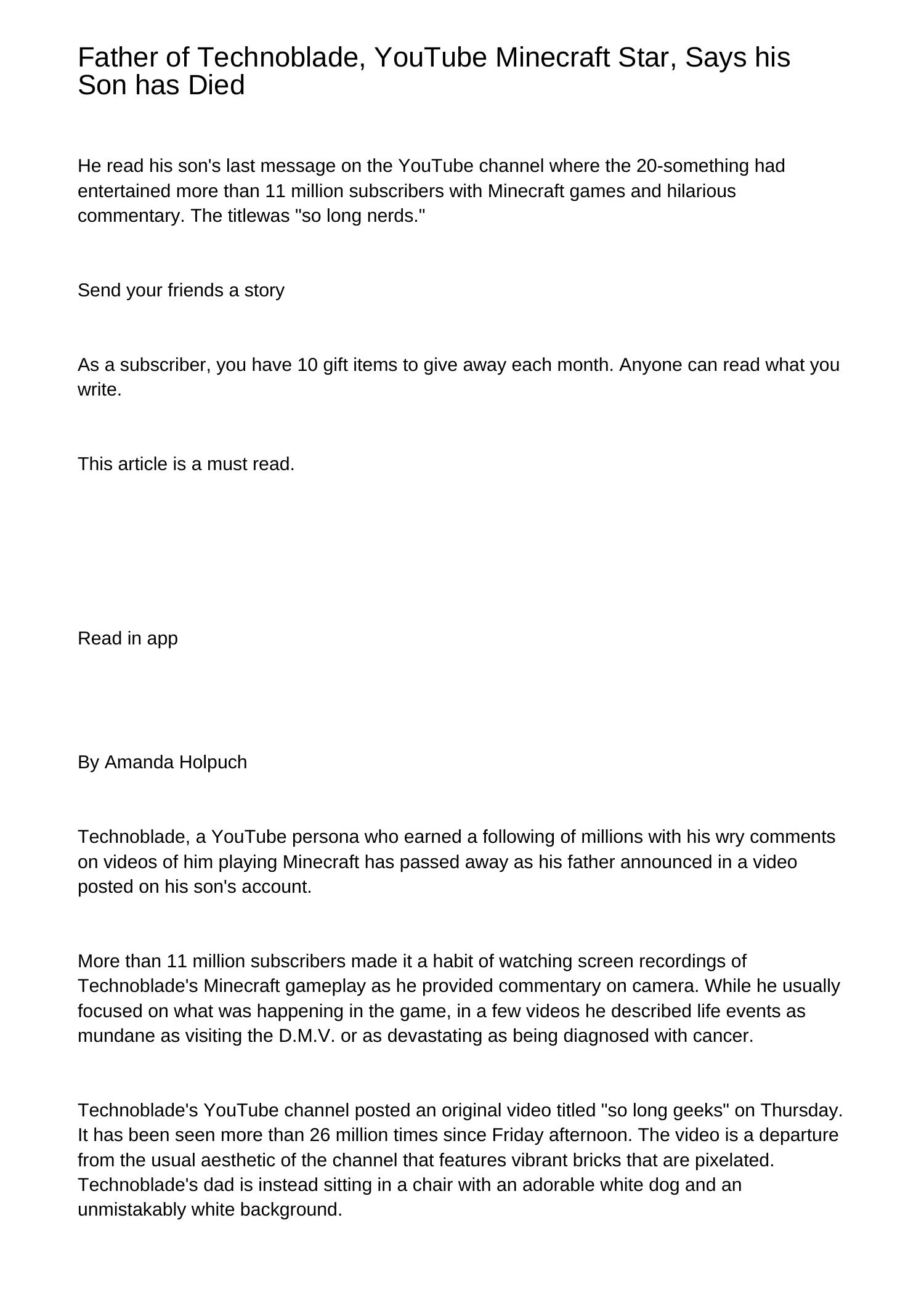 Father of Technoblade YouTube Minecraft Star Says his Son Has Diedutdqu ...