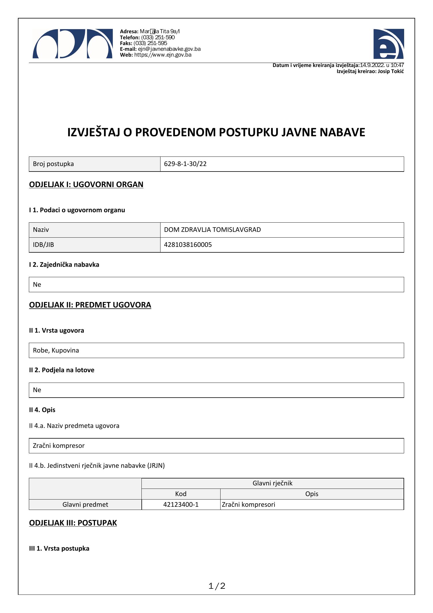 IZVJEŠTAJ O PROVEDENOM POSTUPKU JAVNE NABAVE - ZRAČNI KOMPRESOR.pdf | DocDroid