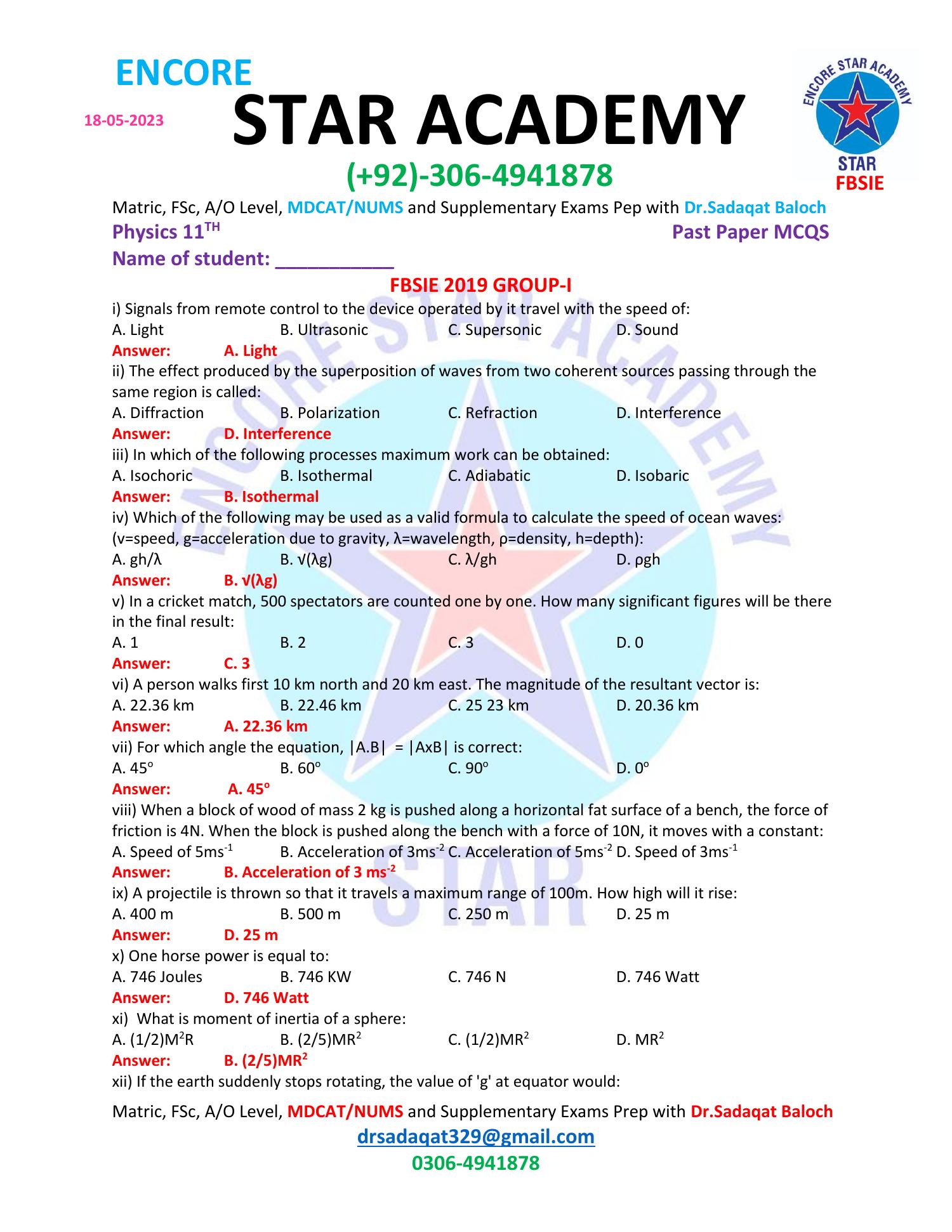 Physics 11th MCQS Past paper FBISE .docx | DocDroid