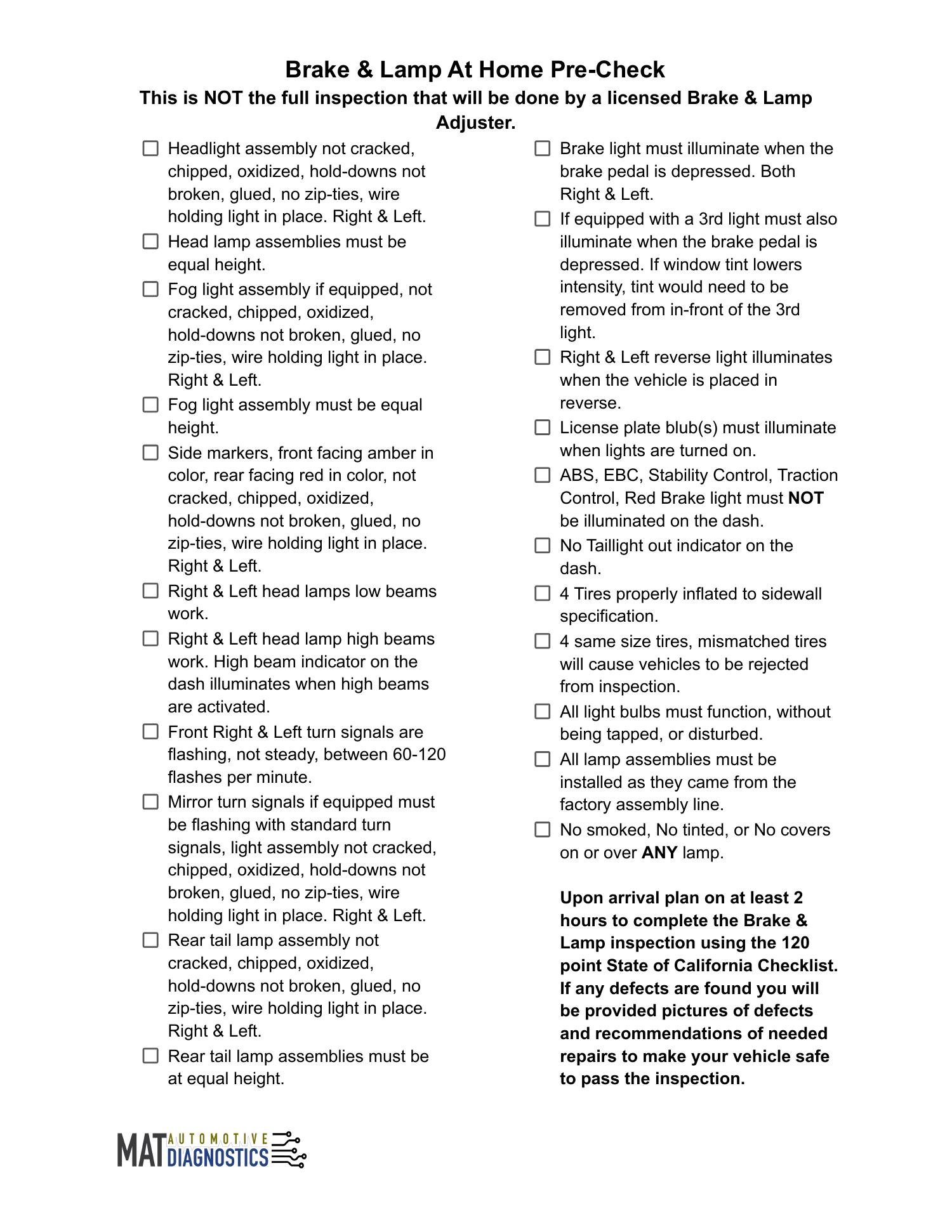 Brake And Light Inspection Checklist | Shelly Lighting
