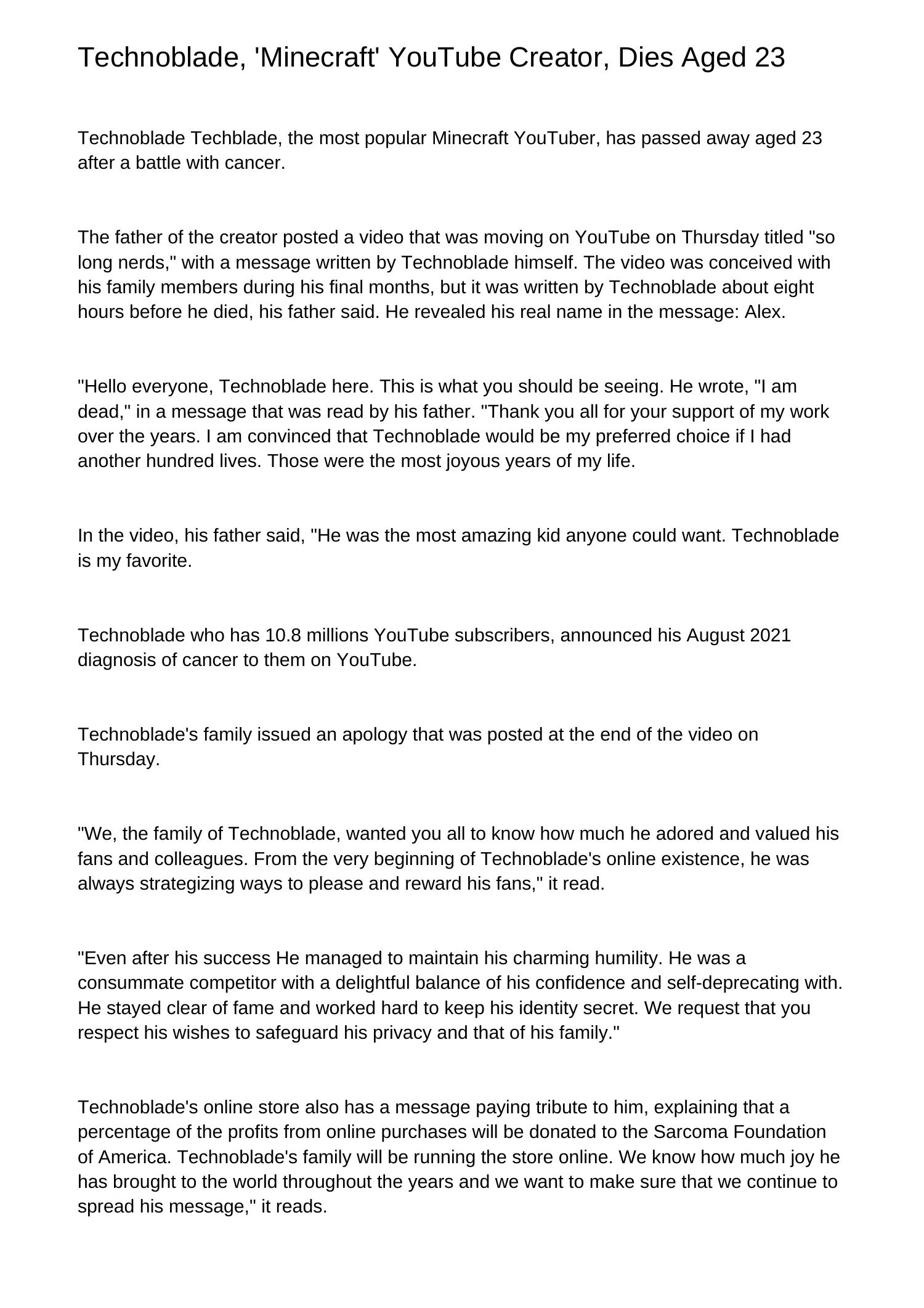 Technoblade Minecraft YouTube Creator Dies Aged 23bvttk.pdf.pdf | DocDroid