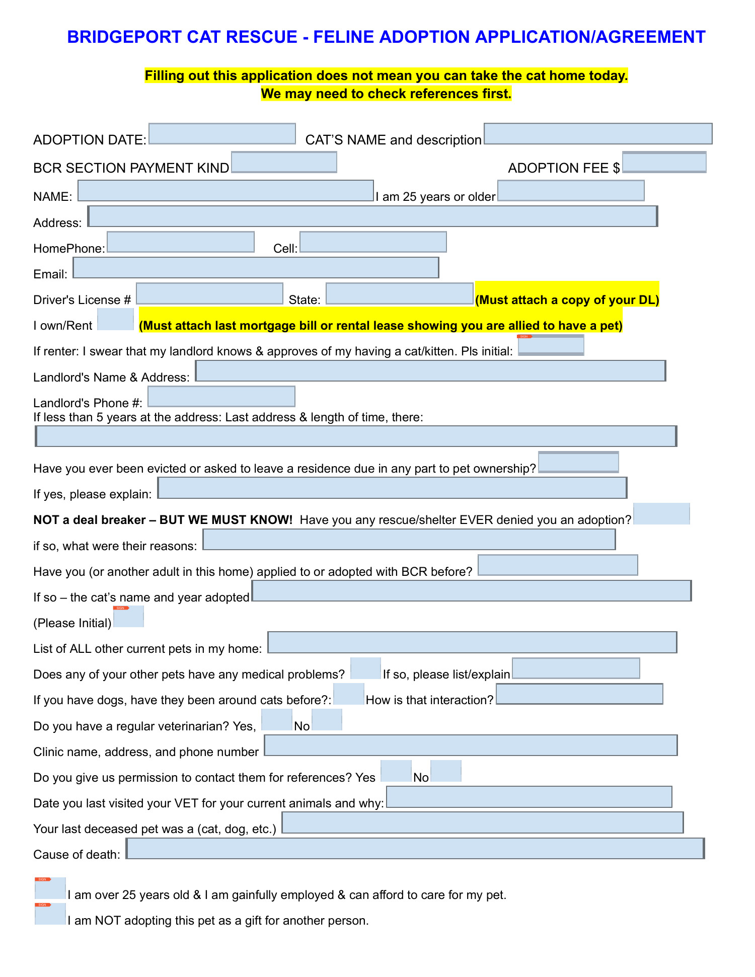 FILLABLE BRIDGEPORT CAT RESCUE - FELINE ADOPTION APPLICATION_AGREEMENT ...
