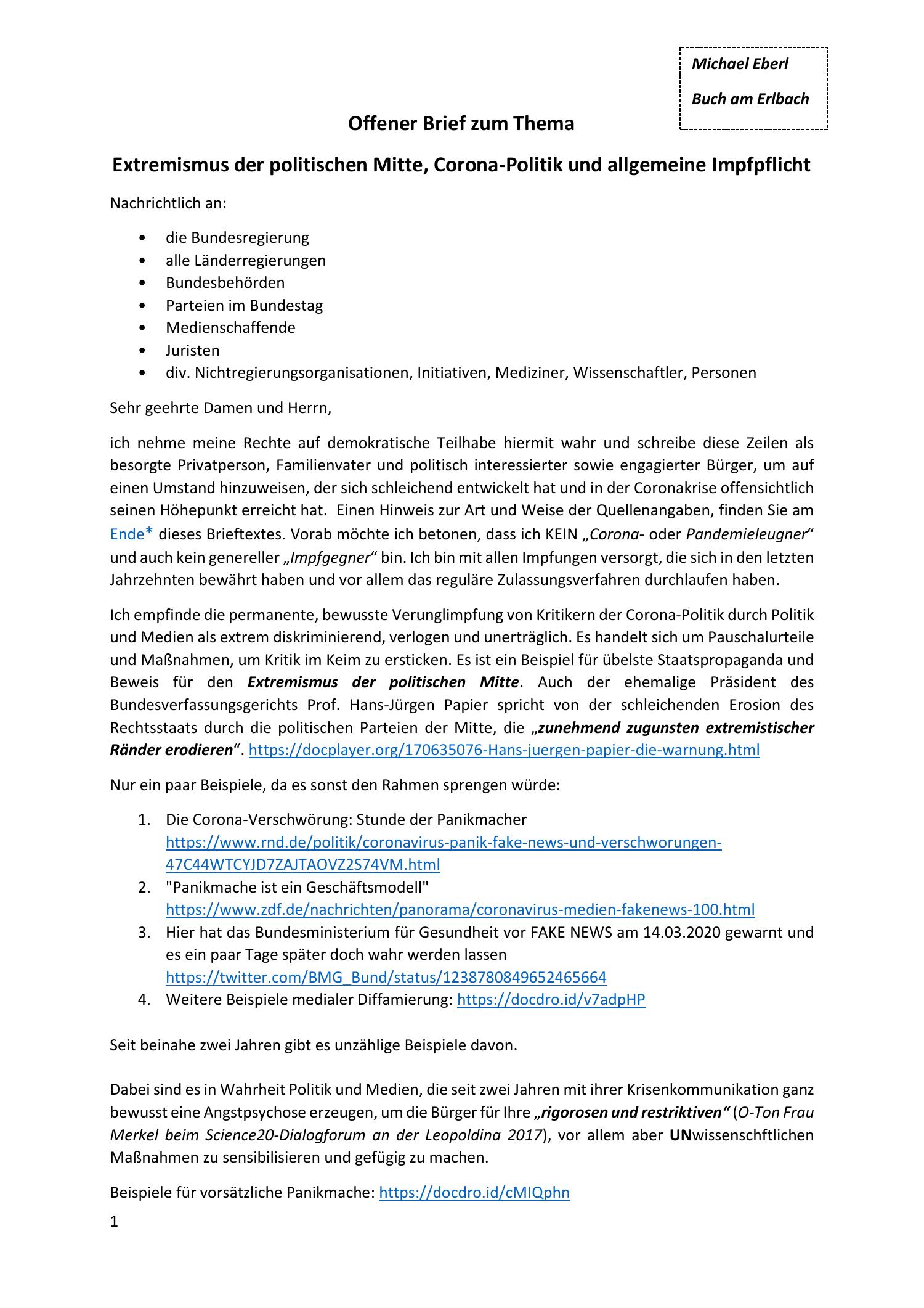 Offener Brief zum Thema Extremismus der politischen Mitte, Corona-Politik und allgemeine ...