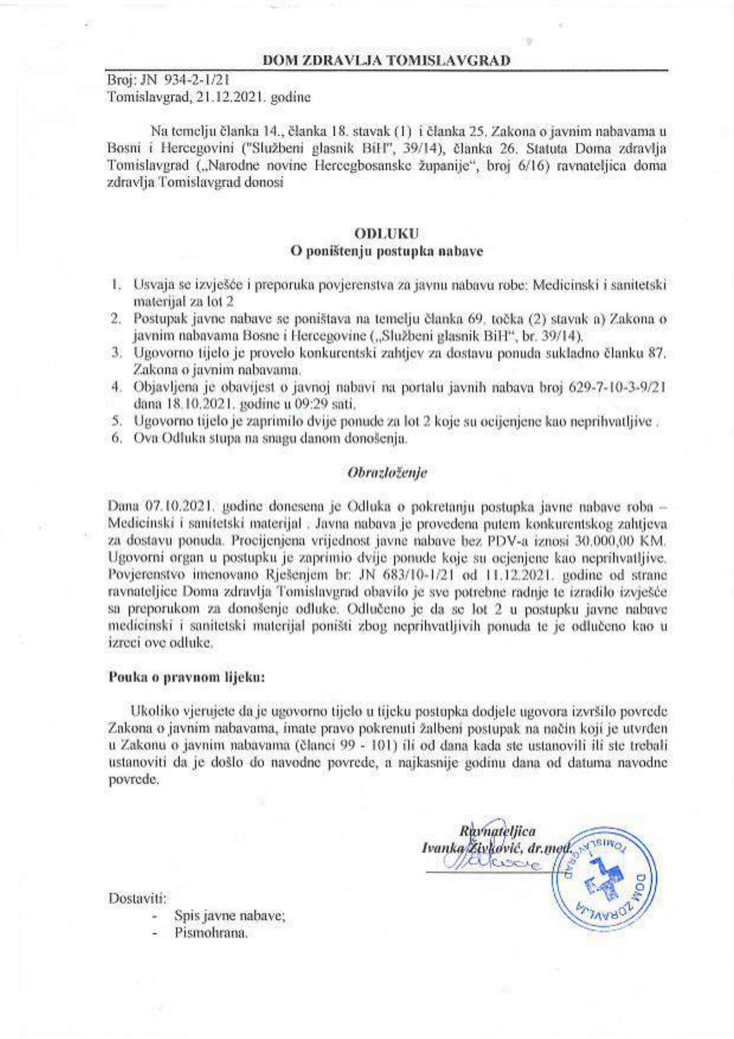 ODLUKA O PONIŠTENJU POSTUPKA ZA LOT2 MEDICINSKI I SANITETSKI MATERIJAL ...