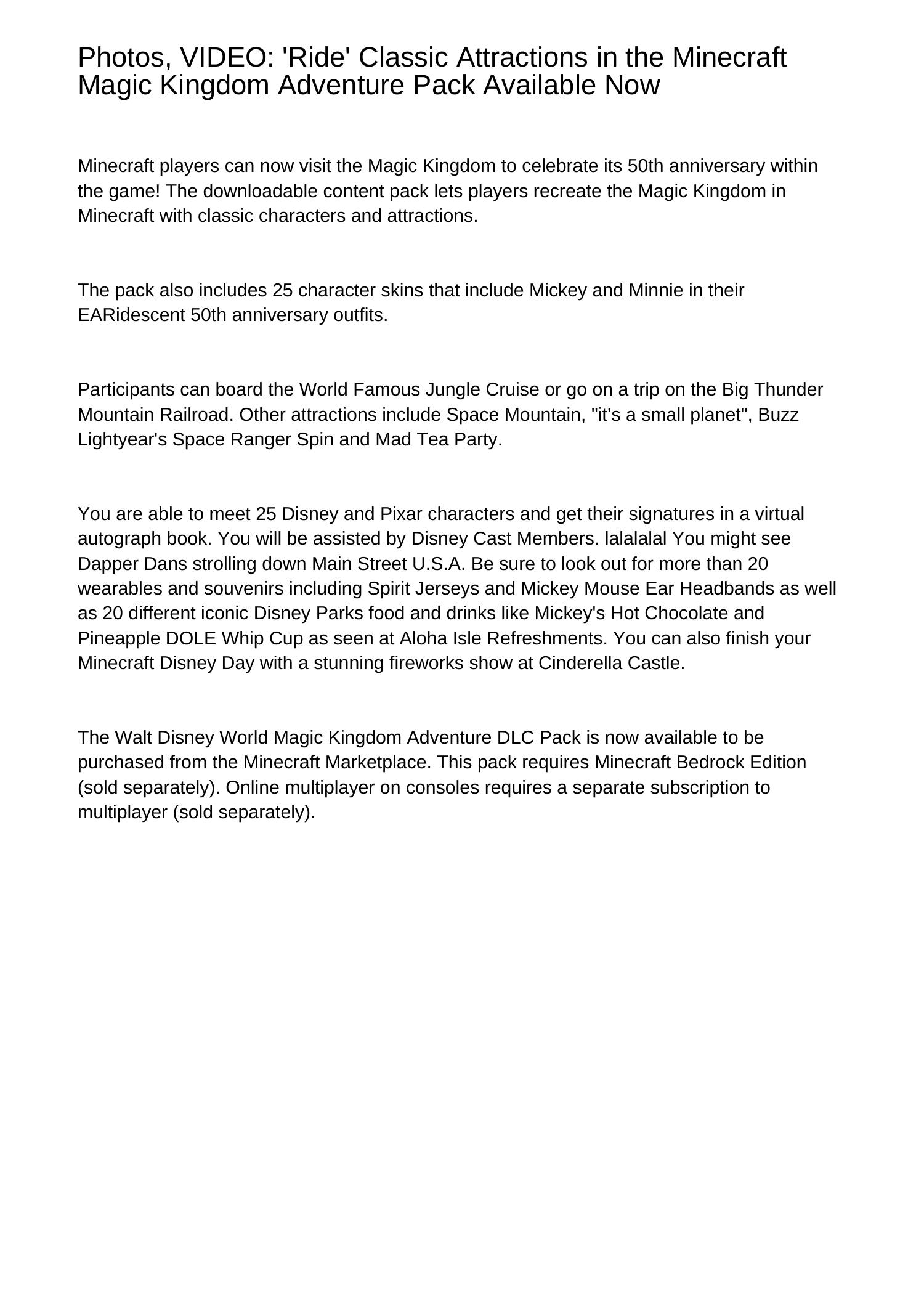 PHOTOS VIDEO Ride Classic Attractions from the Minecraft Magic Kingdom Adventure Pack now ...