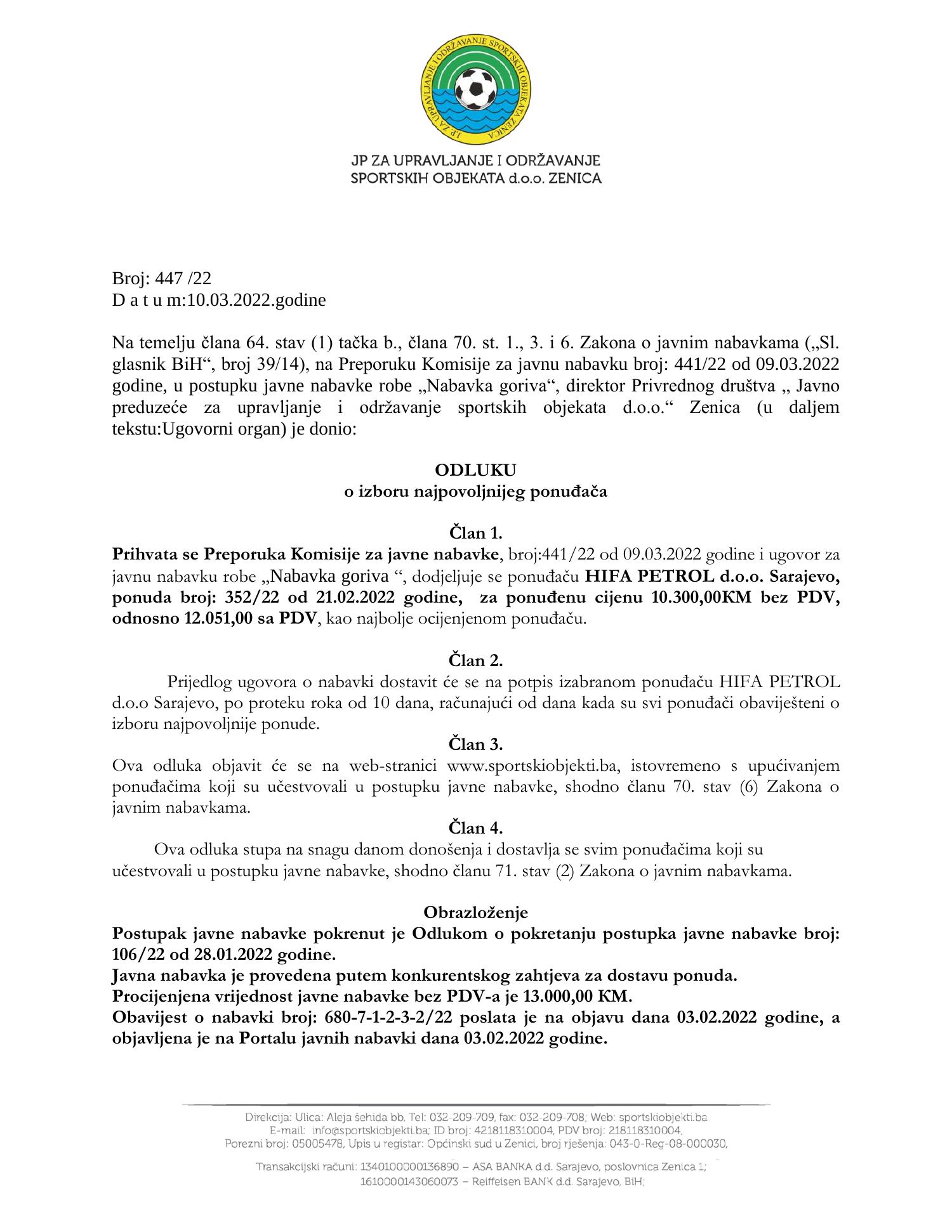 ODLUKA O IZBORU PONUDJACA - GORIVO 2022.pdf | DocDroid