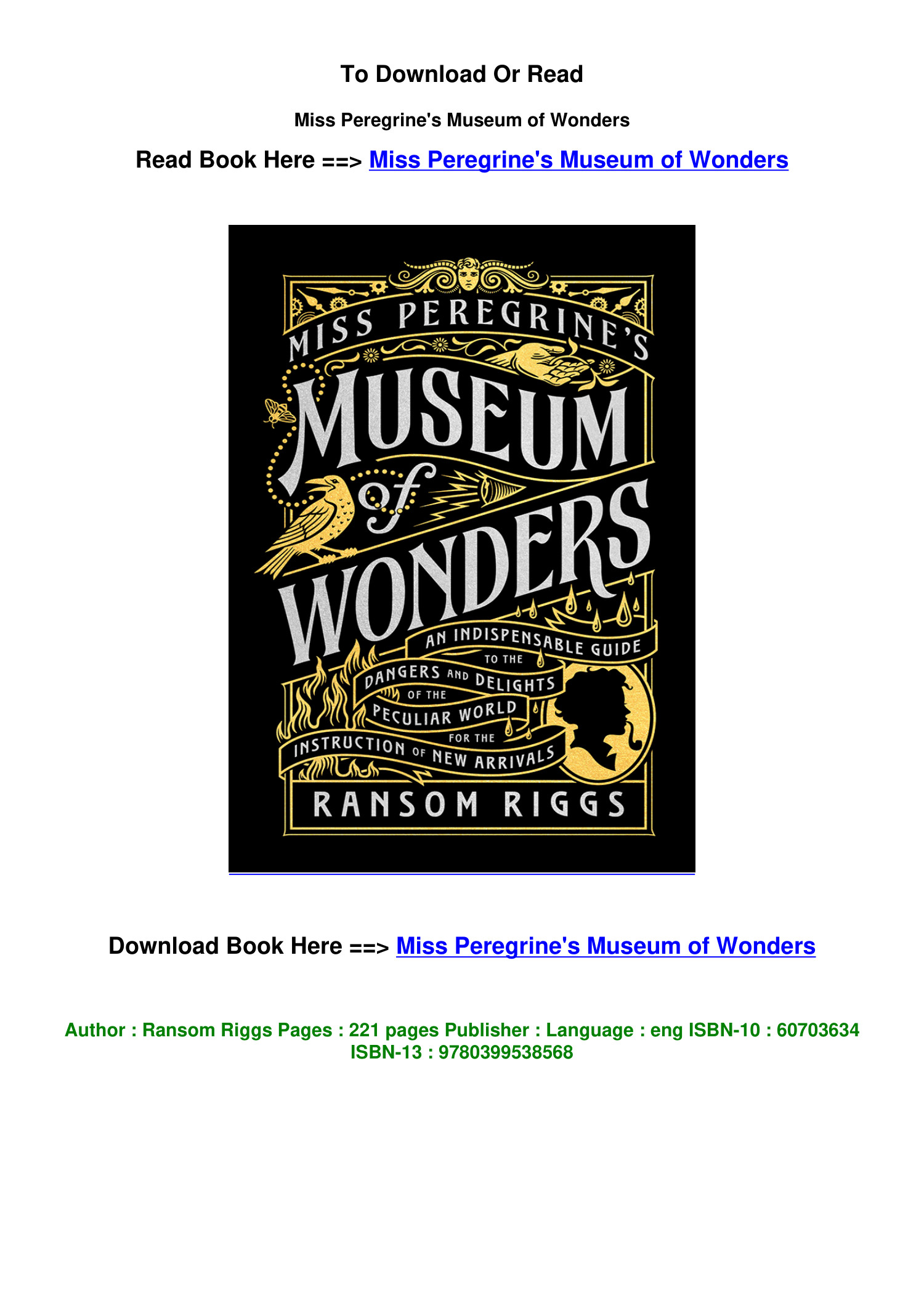 Pdf DOWNLOAD Miss Peregrine s Museum of Wonders by Ransom Riggs.pdf ...
