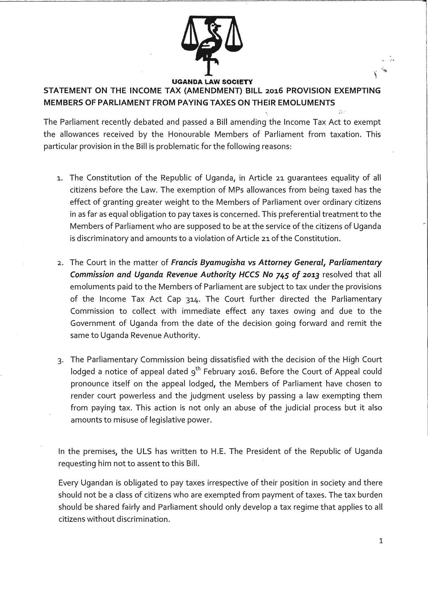 uls_statement_on_income_tax_amendment_bill_2016_exempting_mps_from ...