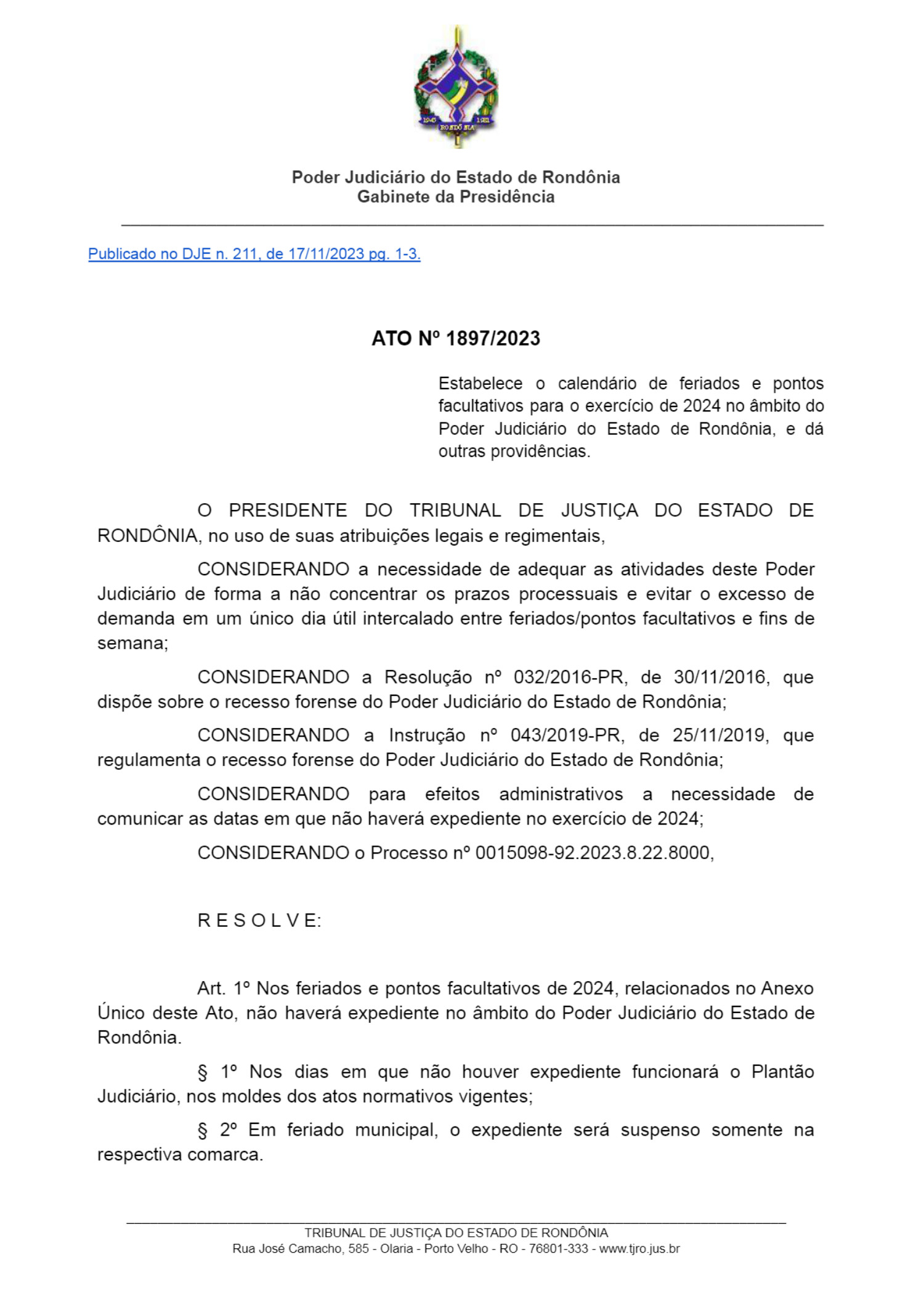 TJRO divulga calendário de feriados e pontos facultativos em 2024 ...
