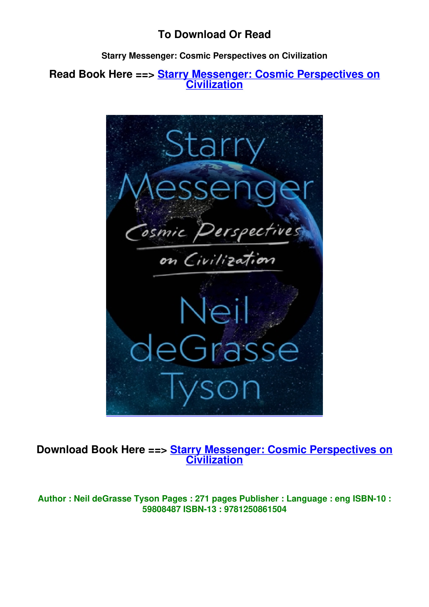 PDF download Starry Messenger Cosmic Perspectives on Civilization BY ...