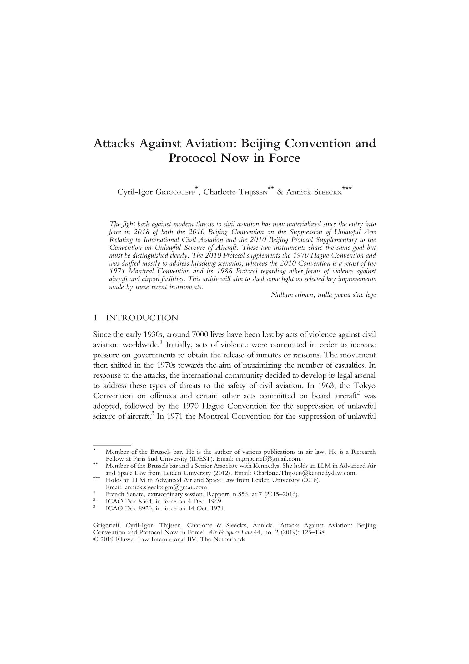 Attacks Against Aviation: Beijing Convention and Protocol Now in Force ...