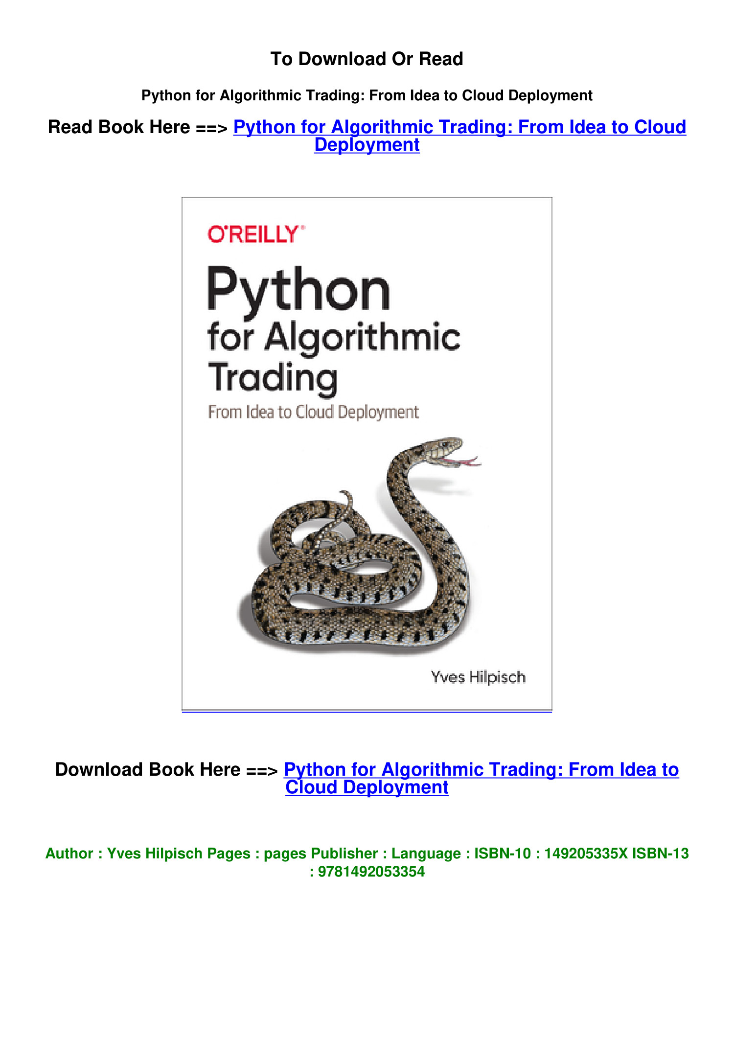 download PDF Python for Algorithmic Trading From Idea to Cloud Deployment By .pdf | DocDroid