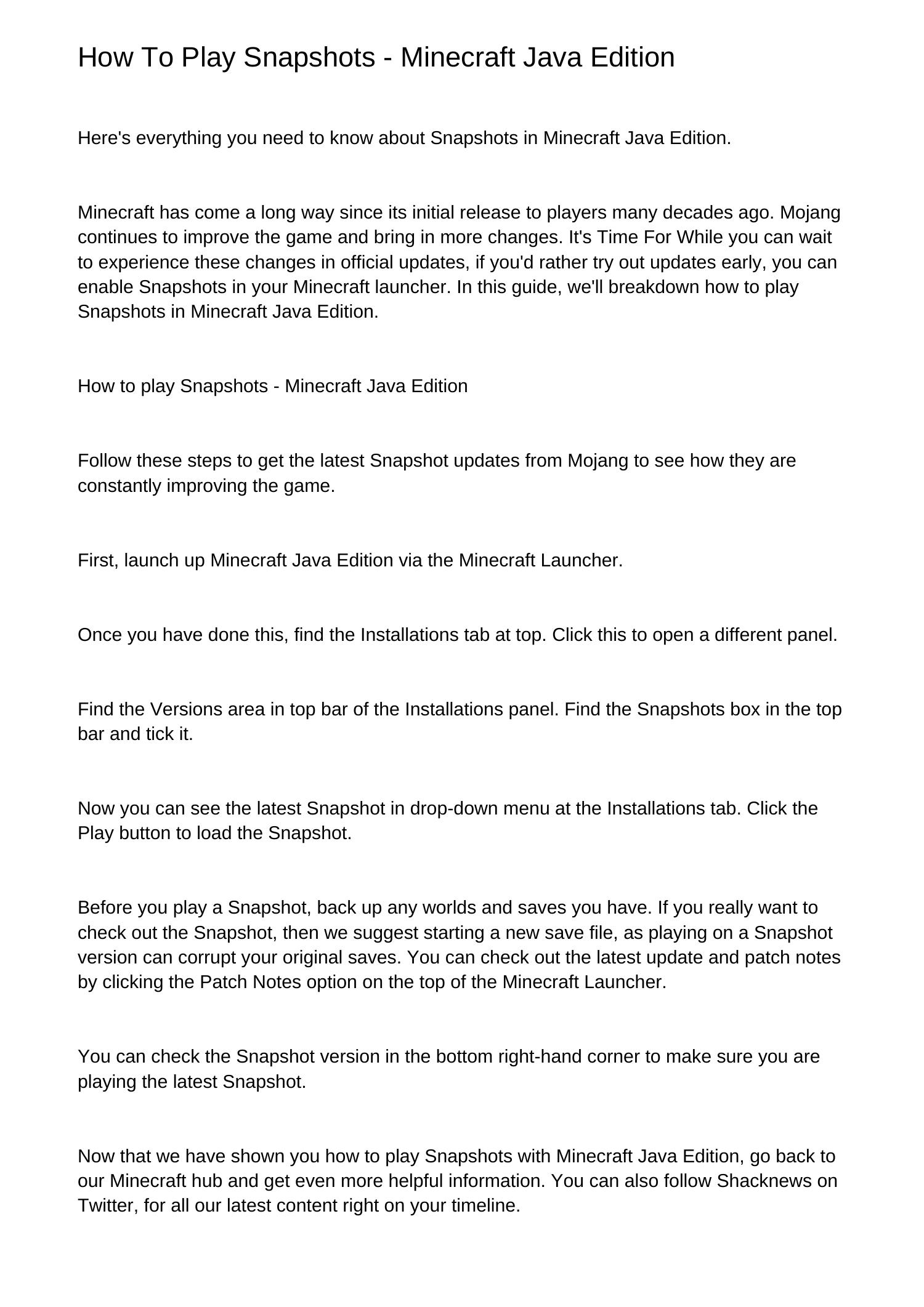How To Play Snapshots Minecraft Java Editionklzyn Pdf Pdf Docdroid