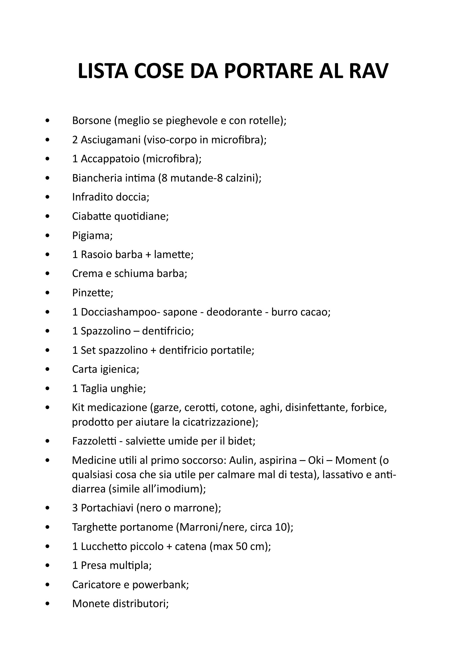 LISTA COSE DA PORTARE AL RAV.pdf | DocDroid