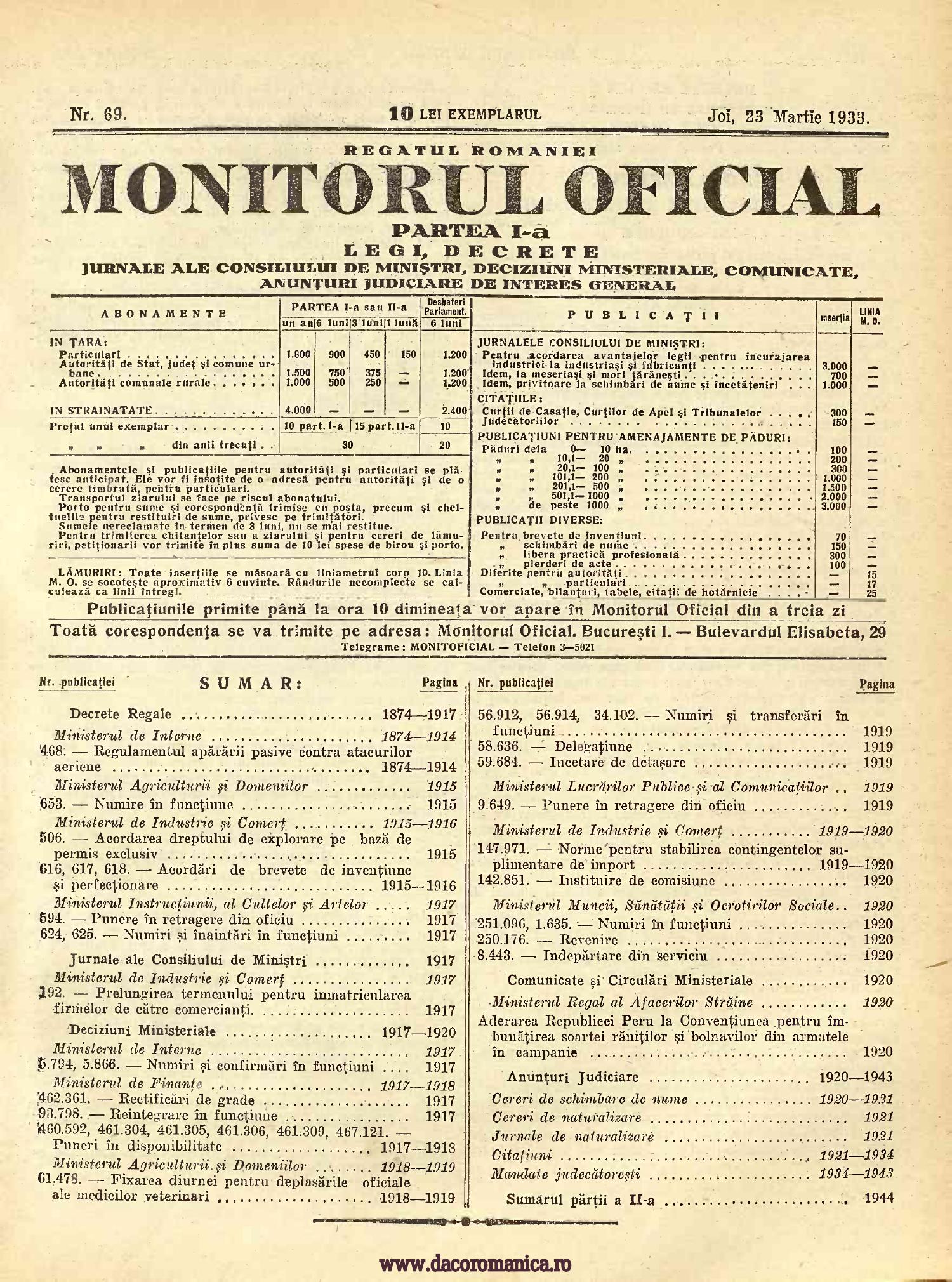 Monitorul Oficial al României. Partea 1, nr. 069, 23 martie 1933.pdf ...