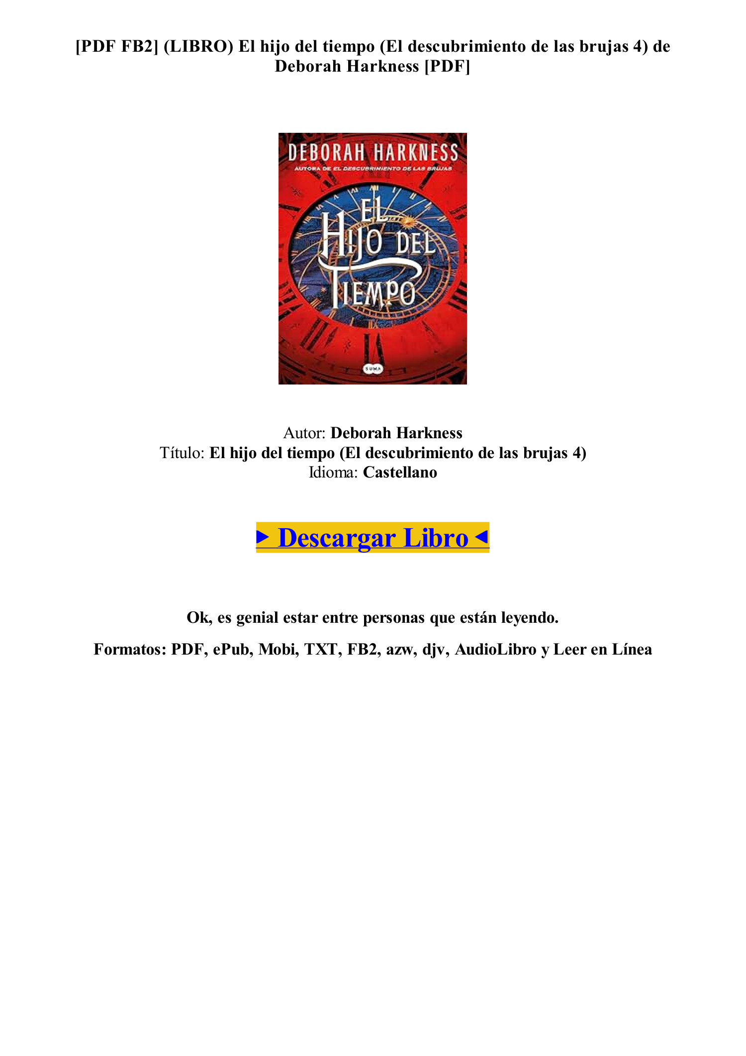 LIBRO [PDF FB2] El hijo del tiempo (El descubrimiento de las brujas 4) de Deborah Harkness ...