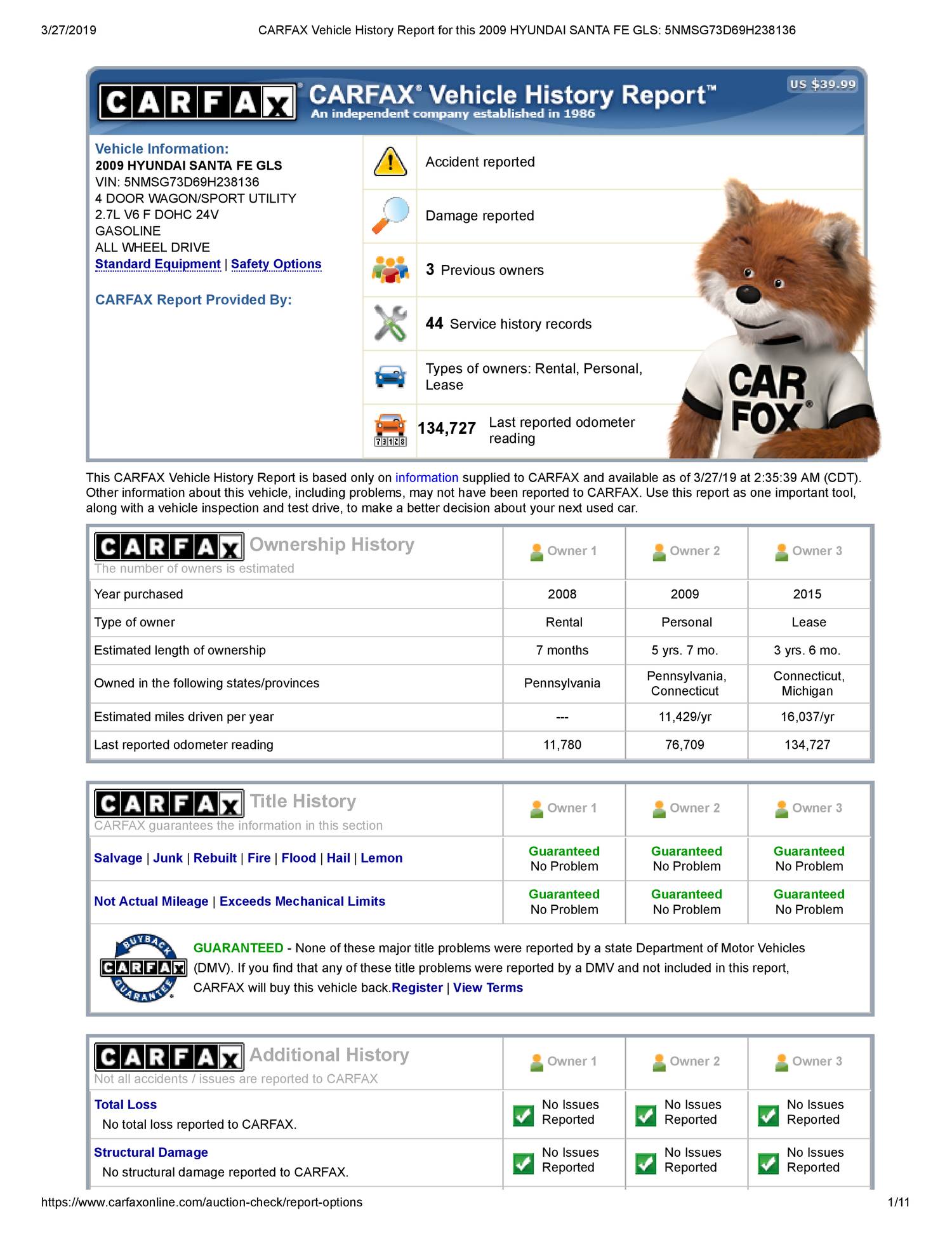 CARFAX Vehicle History Report for this 2009 HYUNDAI SANTA FE .pdf ...