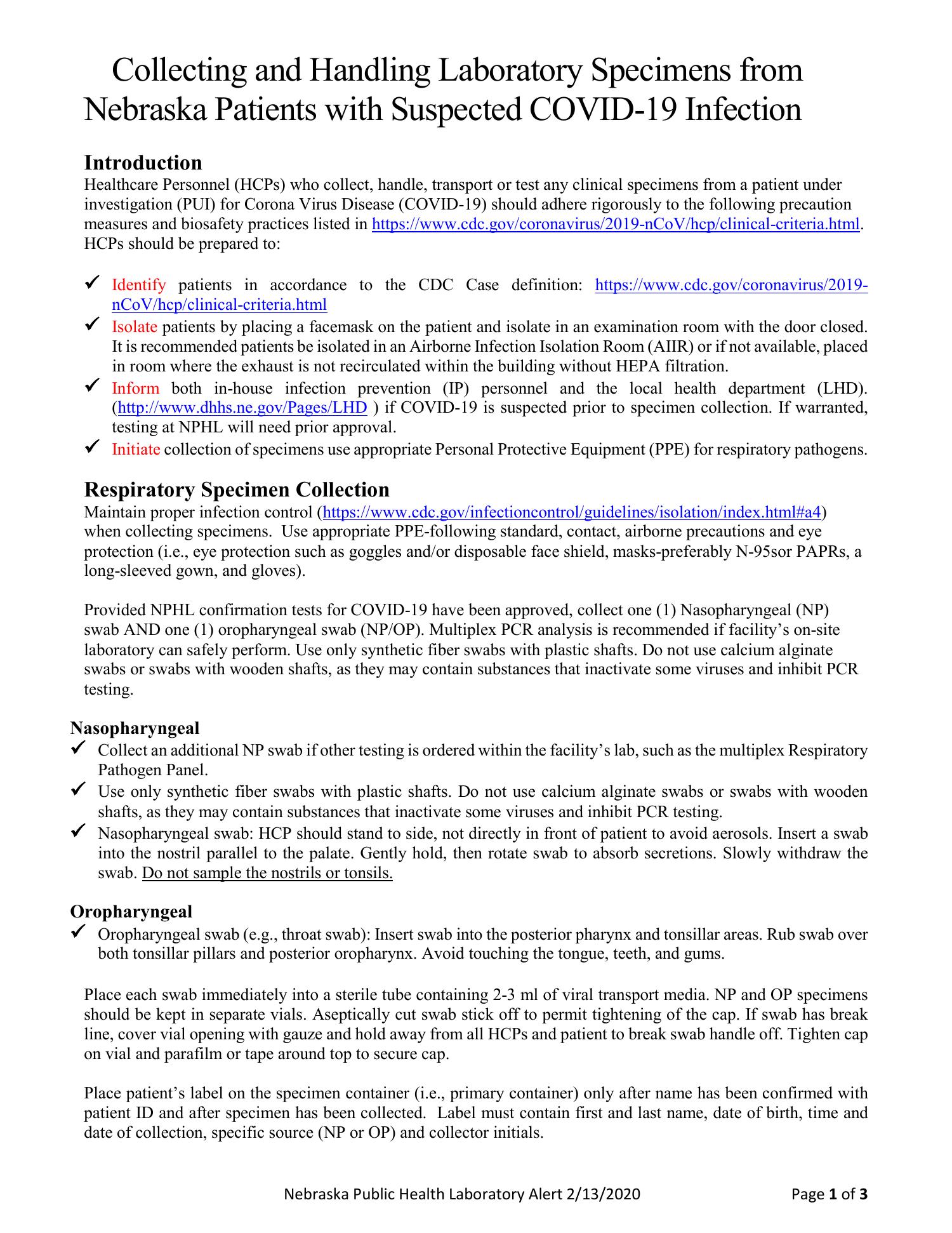 NPHL Alert COVID-19 Collection and Handling in NE v2020 02 12.pdf ...