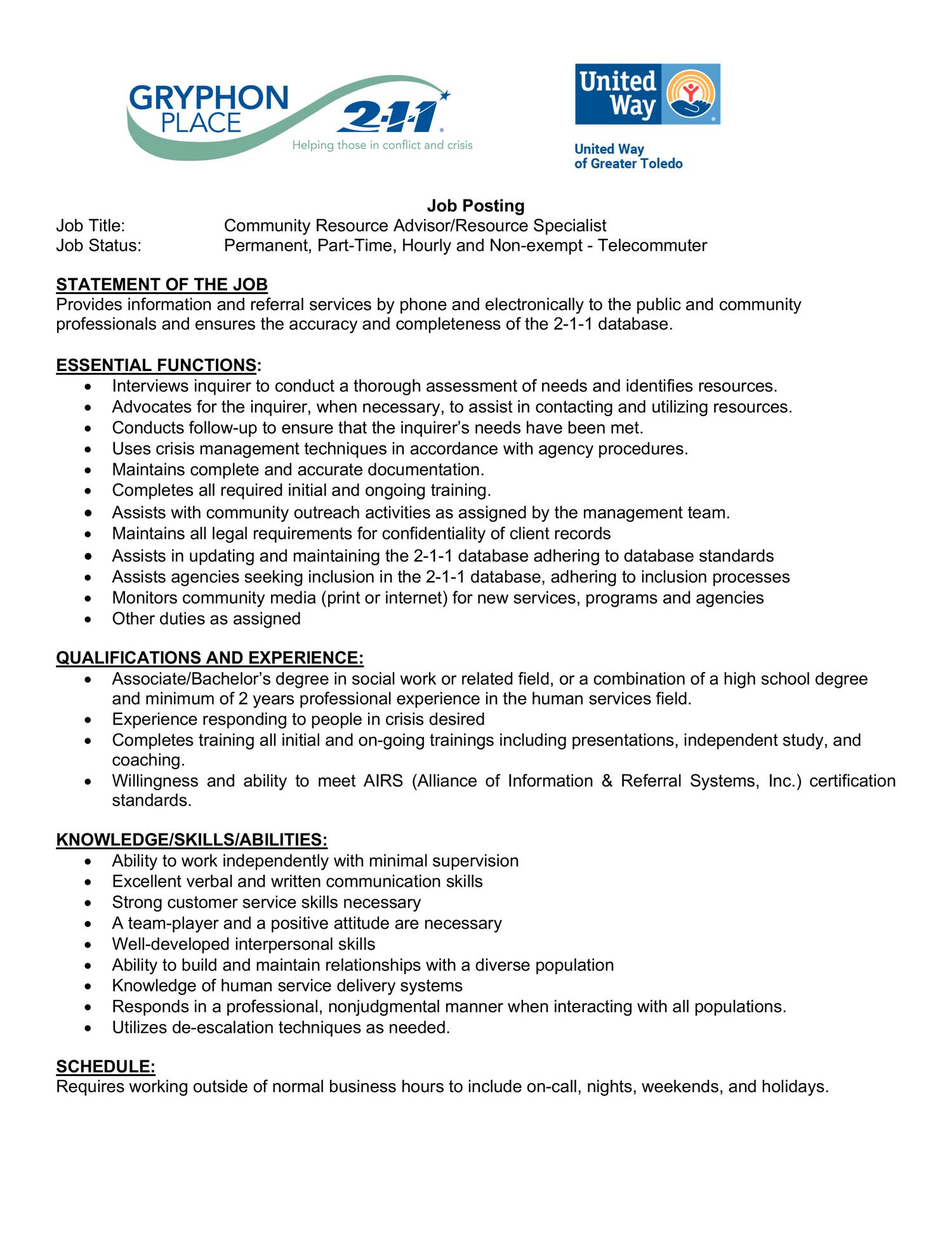 Community Resource Advisor - Resource Specialist - UW Toledo Job ...