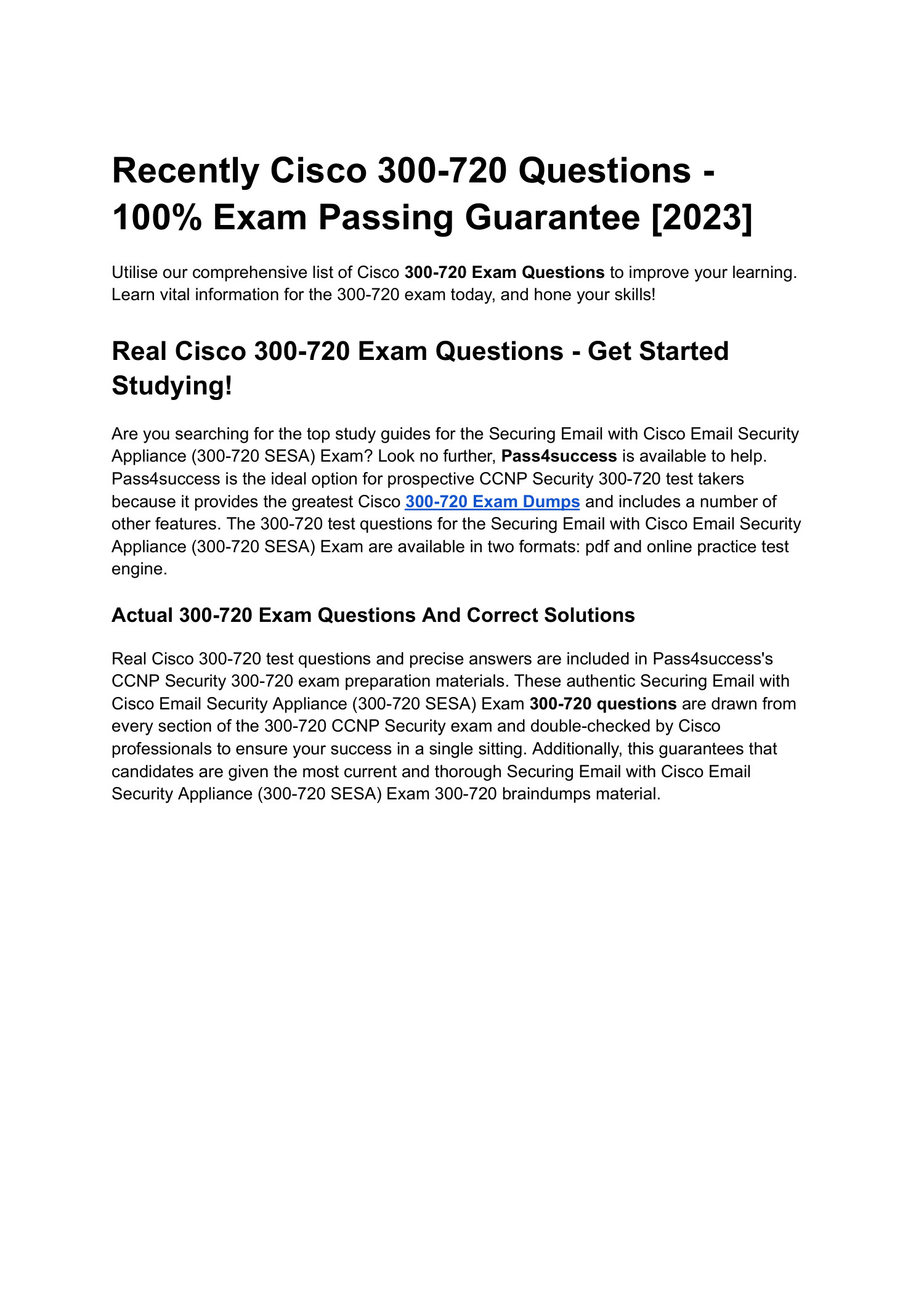 Recently Cisco 300-720 Questions - 100% Exam Passing Guarantee [2023 ...