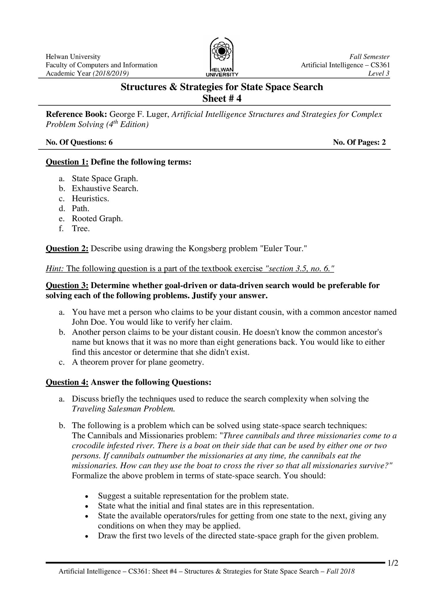 AI Sheets 4 & 5 (On Structures & Strategies for State Space Search, and ...