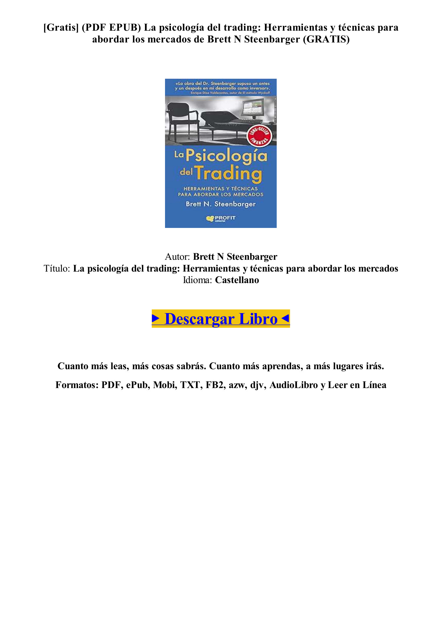 (Libro) Descargar La psicología del trading Herramientas y técnicas para abordar los mercados de ...