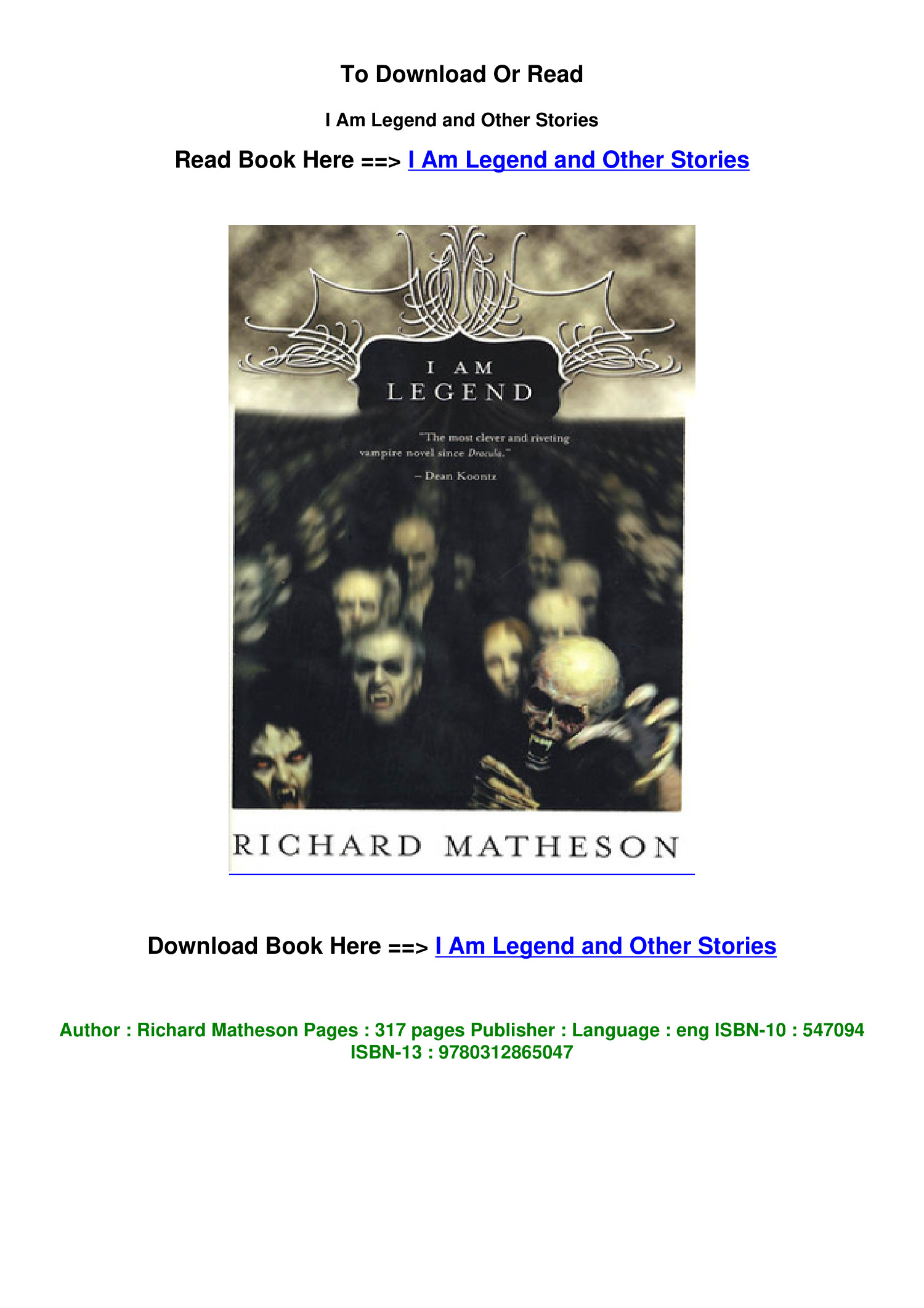 epub DOWNLOAD I Am Legend and Other Stories BY Richard Matheson.pdf ...