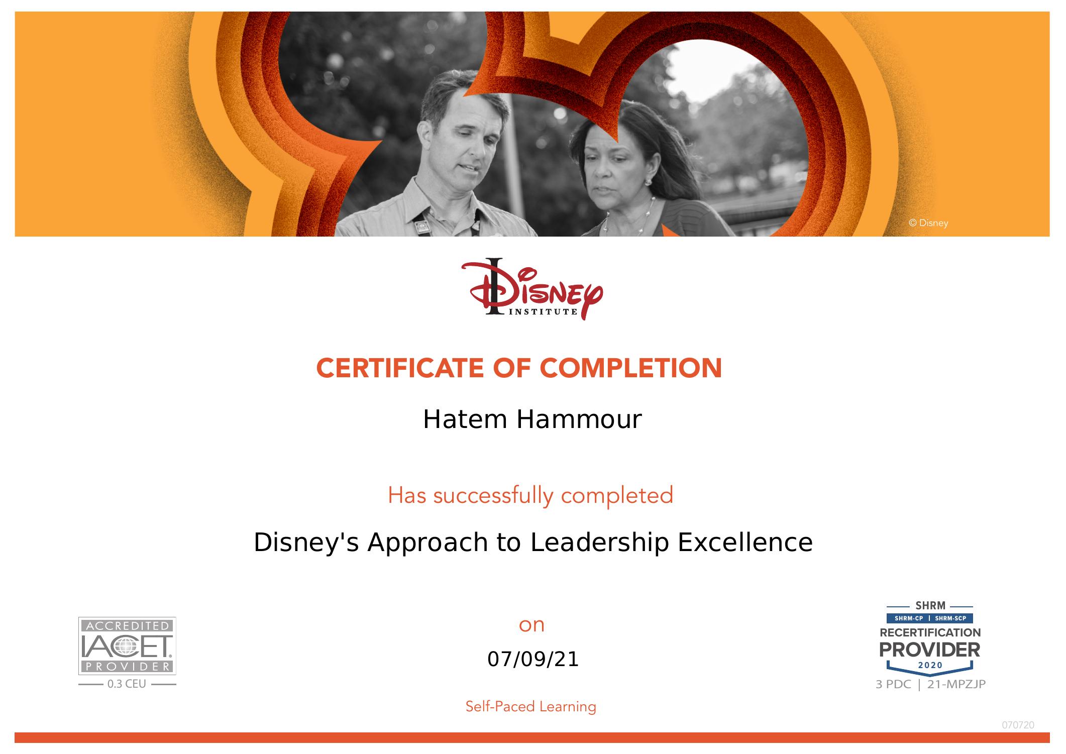 Disney Institute - Leadership Excellence Certificate - Hatem Hammour ...