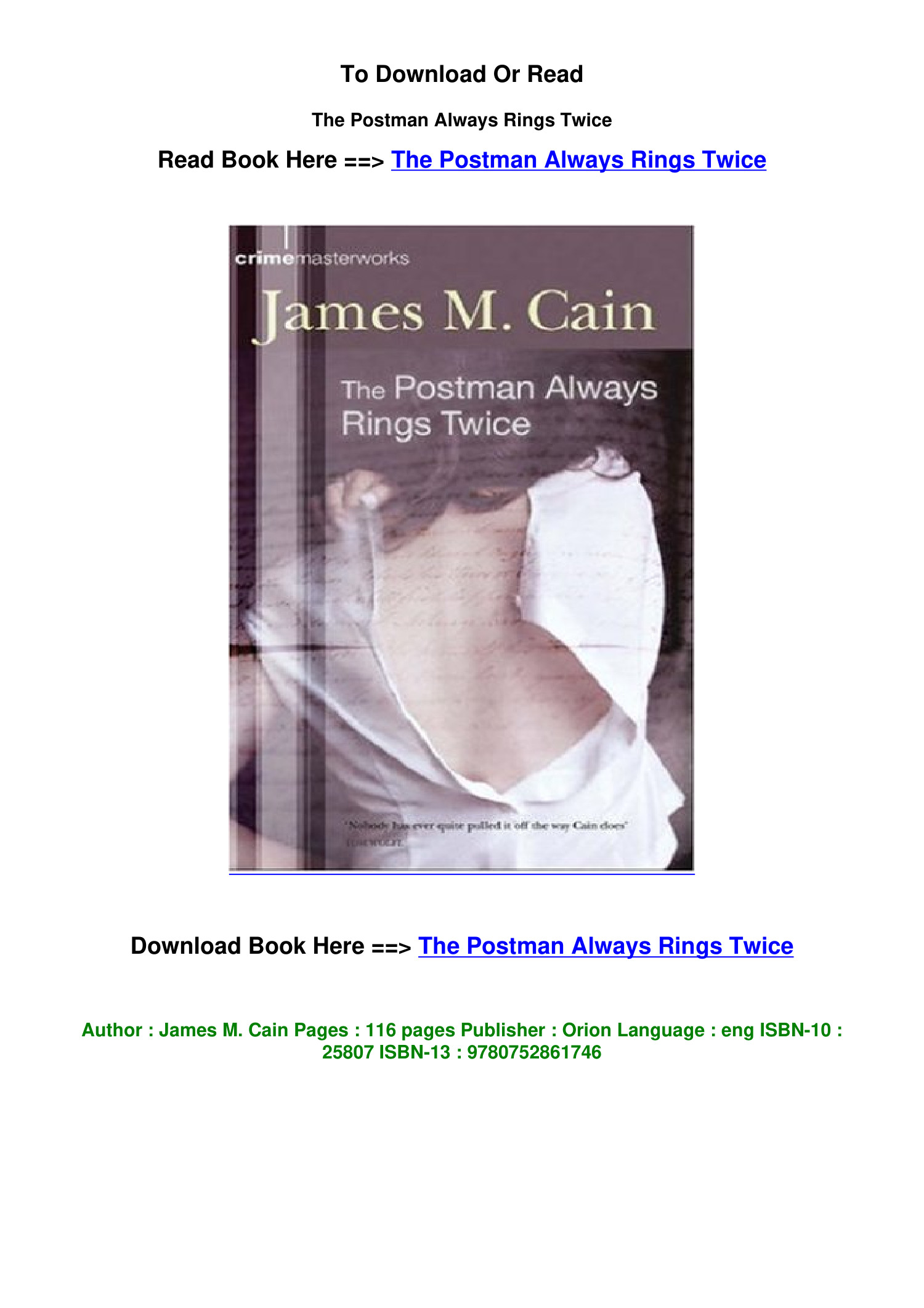 ePub Download The Postman Always Rings Twice BY James M Cain.pdf | DocDroid
