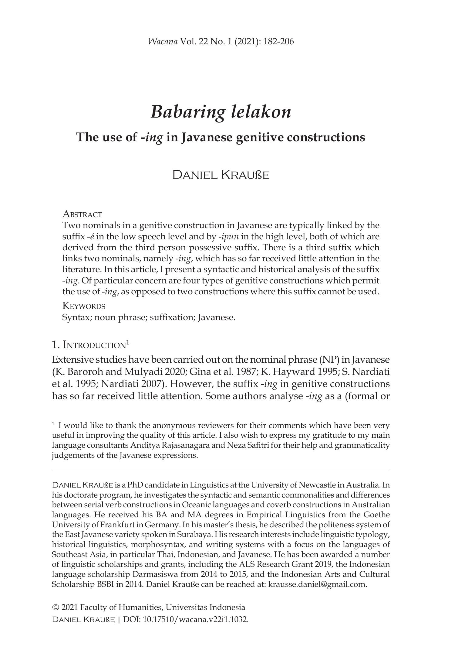Babaring lelakon - The use of -ing in Javanese genitive constructions ...