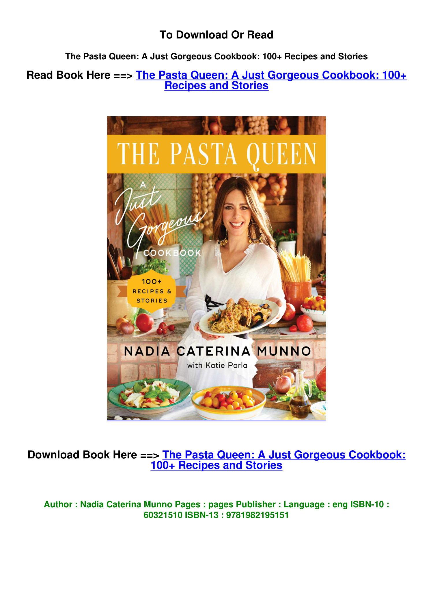 download ePub The Pasta Queen A Just Gorgeous Cookbook 100 Recipes and ...