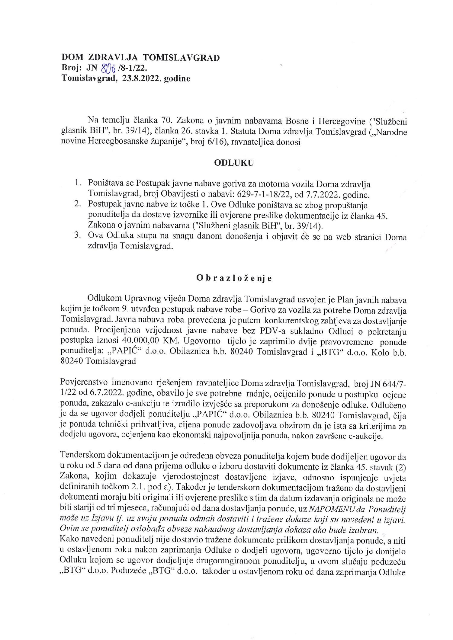 ODLUKA O PONIŠTENJU POSTUPKA JAVNE NABAVE GORIVA ZA MOTORNA VOZILA DOMA ...