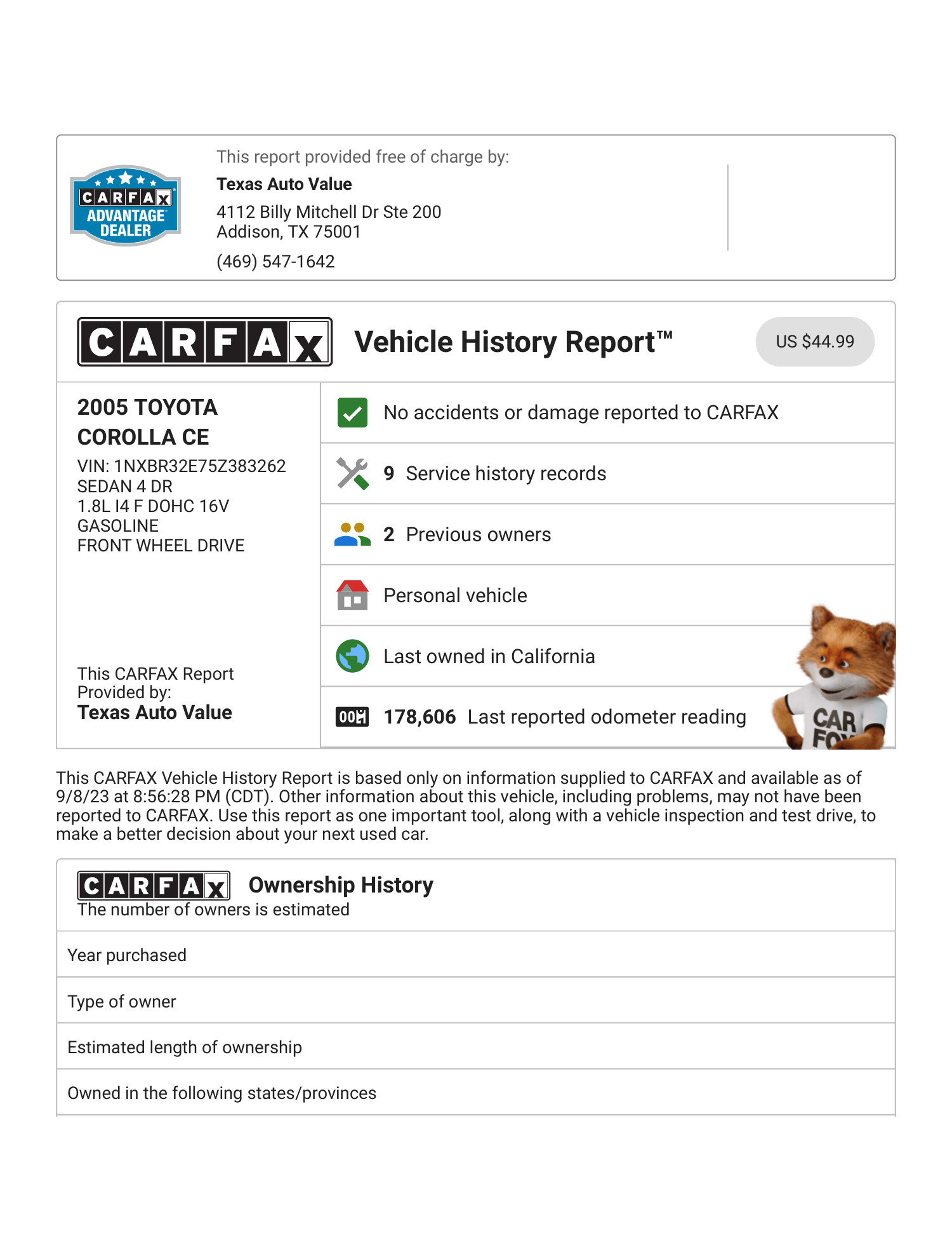 CARFAX Vehicle History Report for this 2005 TOYOTA COROLLA CE ...