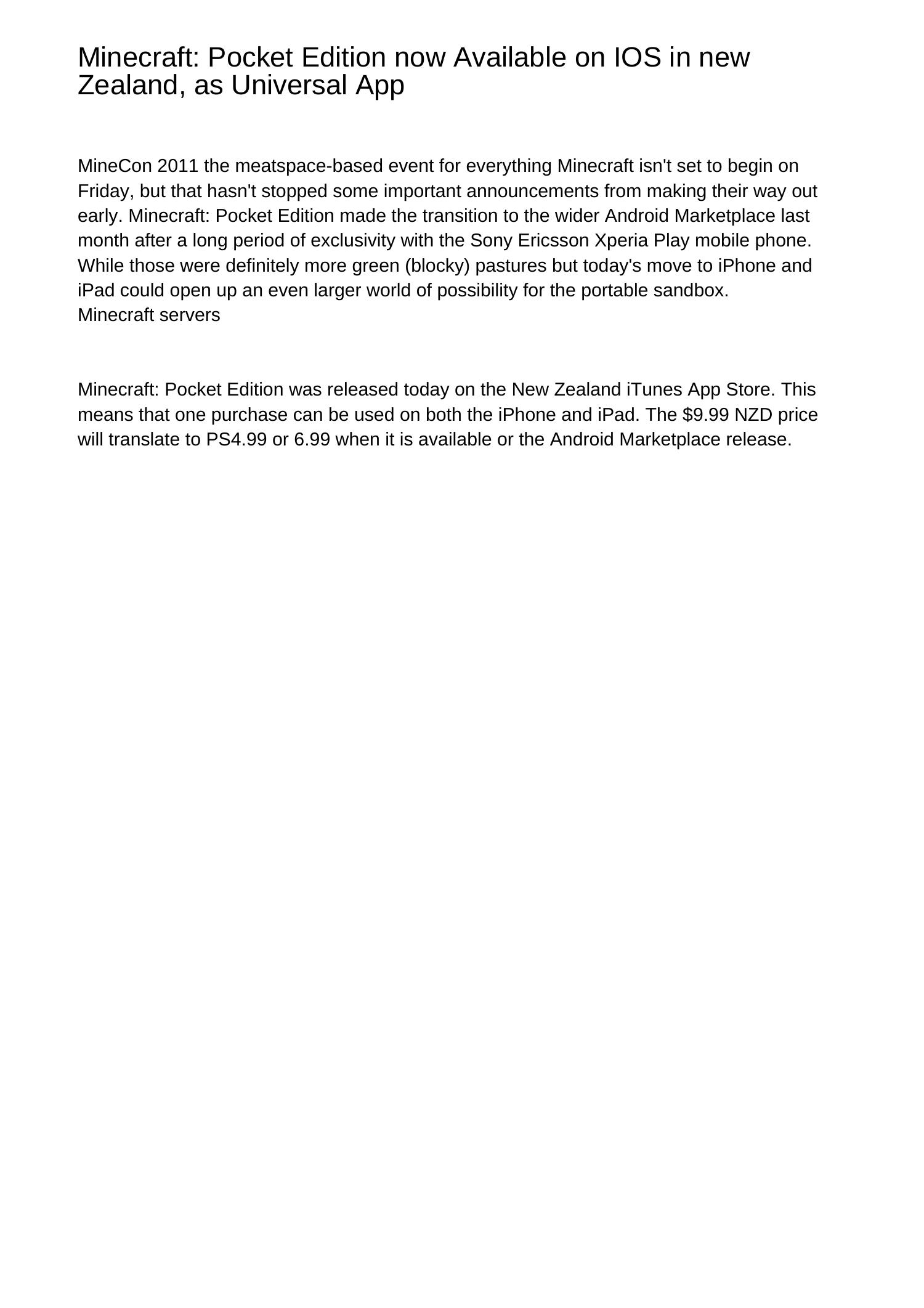 Minecraft Pocket Edition now Available on IOS in new Zealand as Universal Appeyptn.pdf.pdf ...