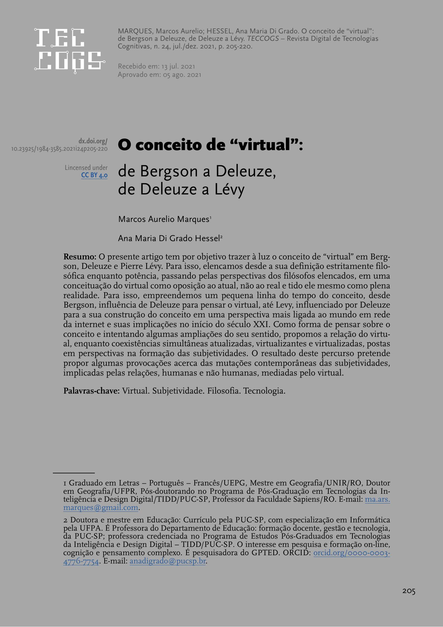 O conceito de “virtual”: de Bergson a Deleuze, de Deleuze a Lévy ...